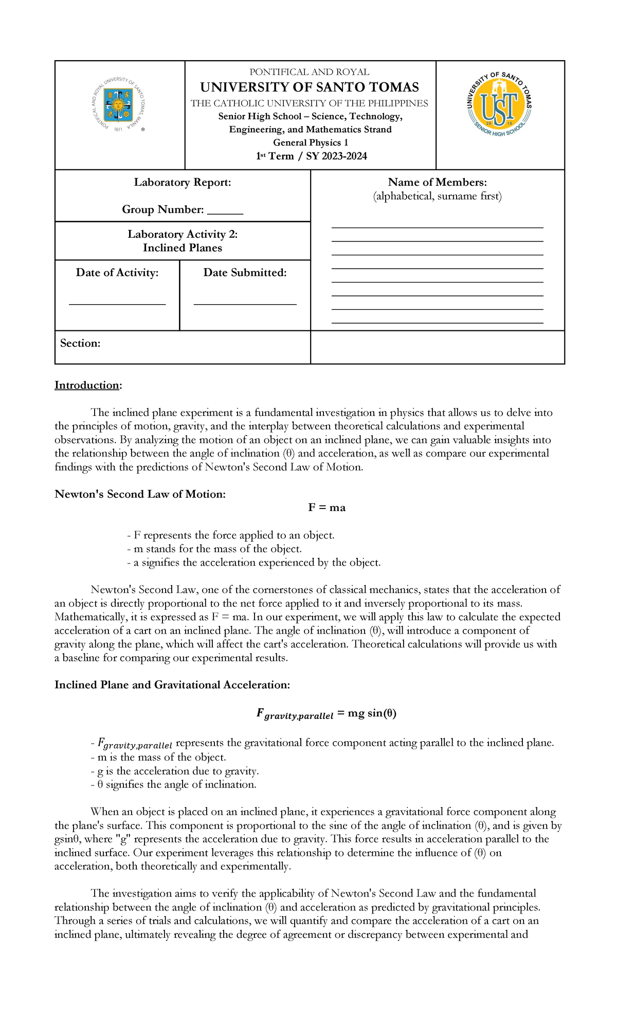 Laboratory Activity 2 - Inclined Planes - PONTIFICAL AND ROYAL ...