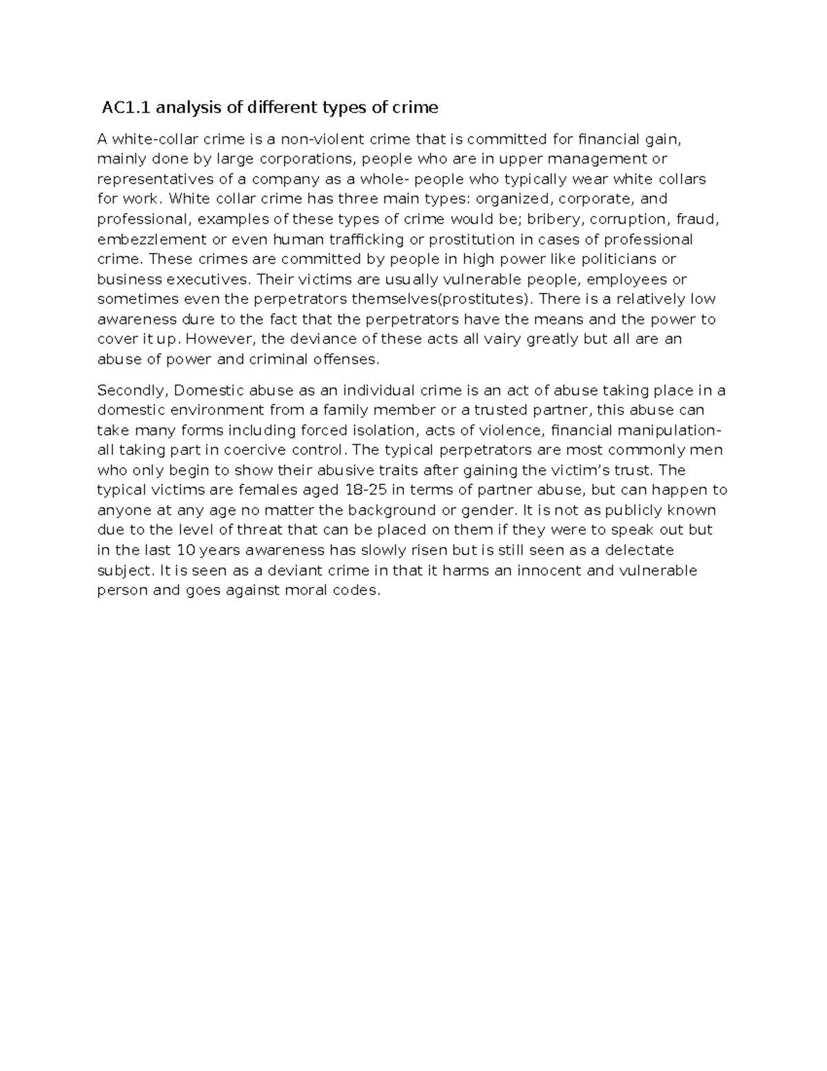 AC1.1 Criminology: Analysis of White Collar & Domestic Crimes - Studocu