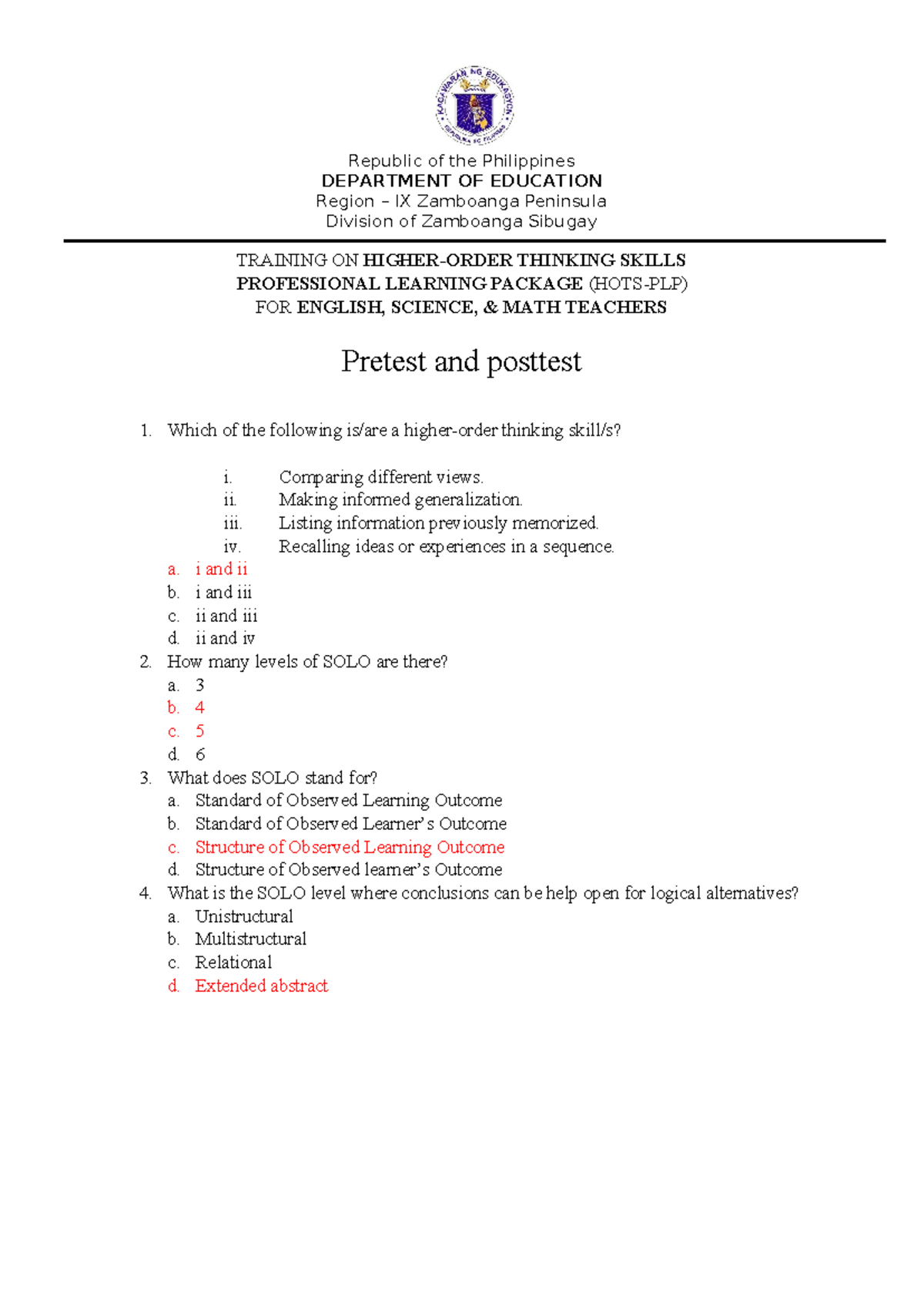 HOTS-PLP Pretest & Posttest for Higher-Order Thinking Skills - Studocu