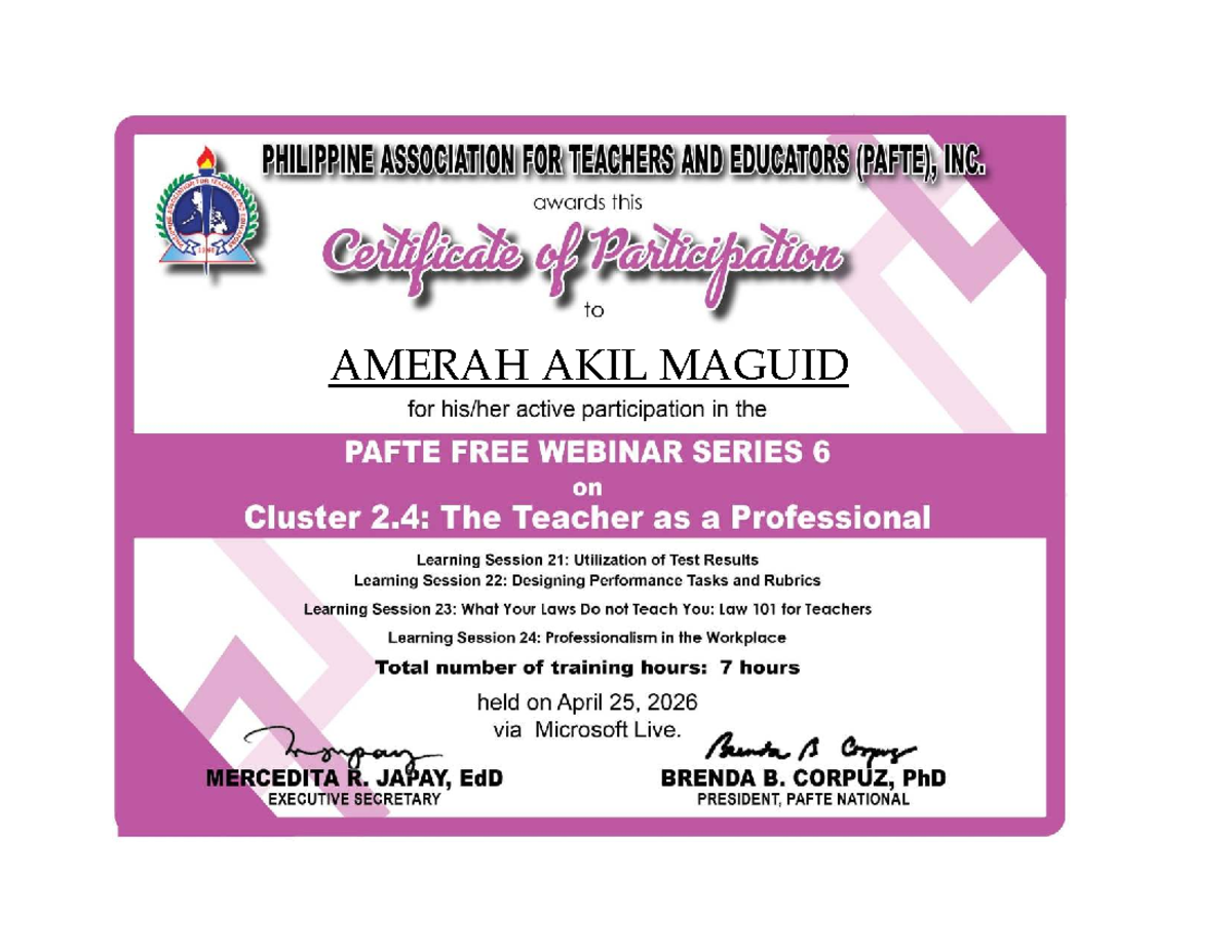 PAFTE Certificate of Participation - RQ FWS 6, April 25, 2026 - Studocu