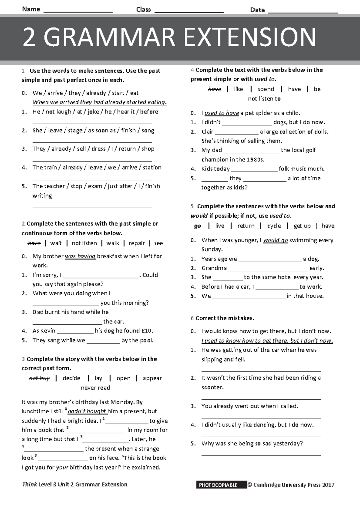 Think Level 3 - Unit 2 Grammar Extension Exercises & Answers - Studocu