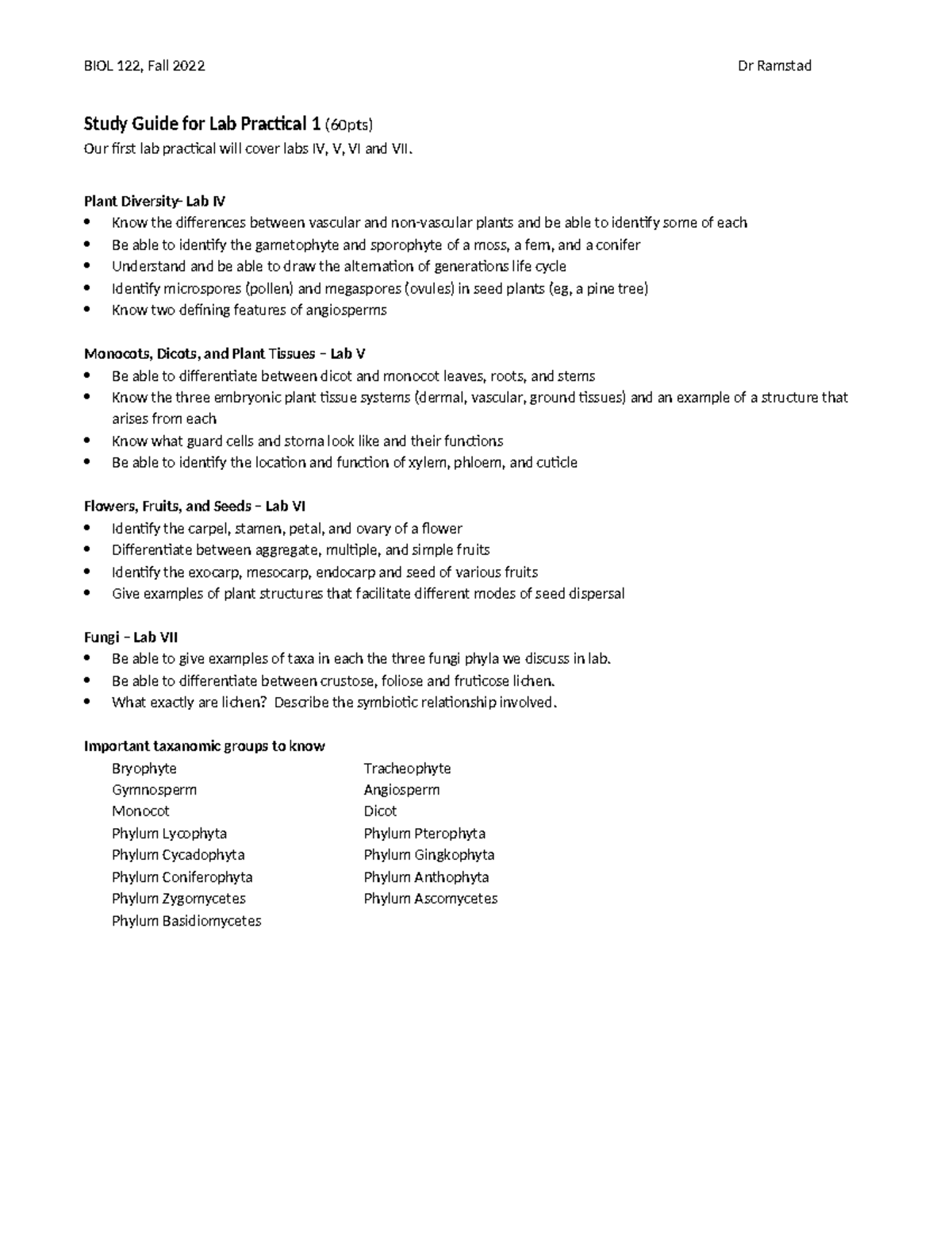 Lab Practical Study Guide for BIOL 122 - Plant Diversity & Fungi - Studocu
