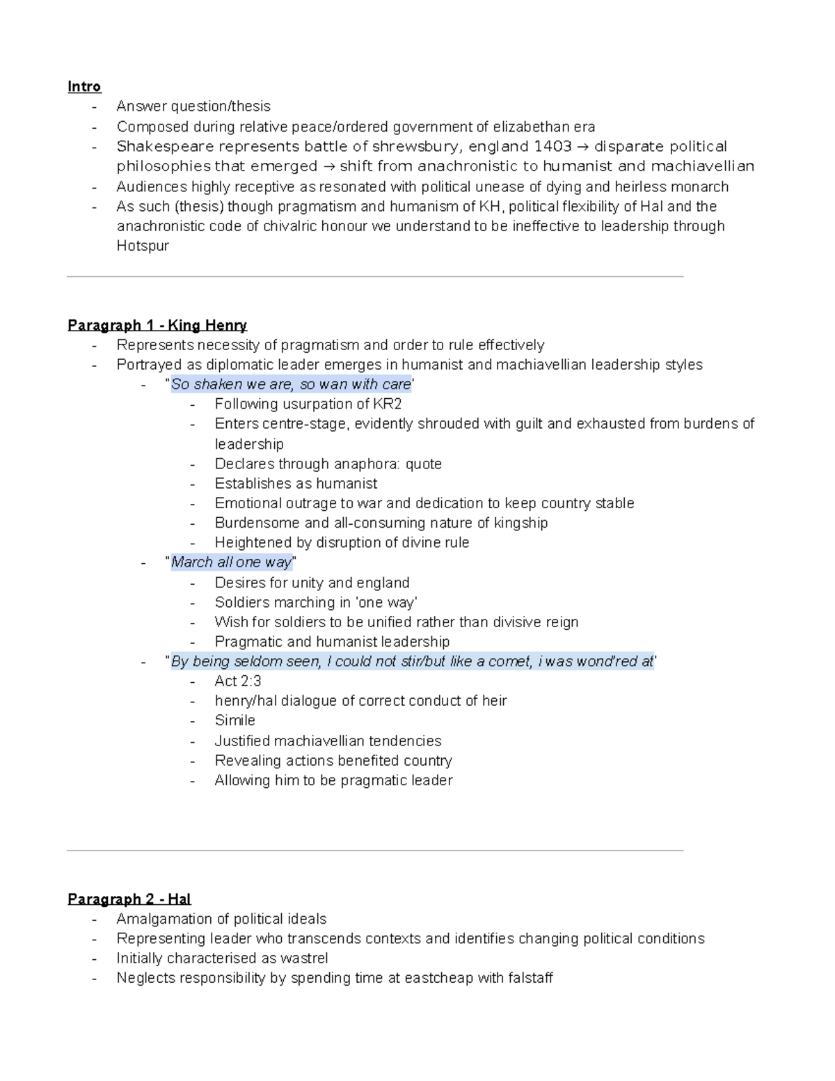 Module B Essay Plan - King Henry IV: Political Philosophies in ...