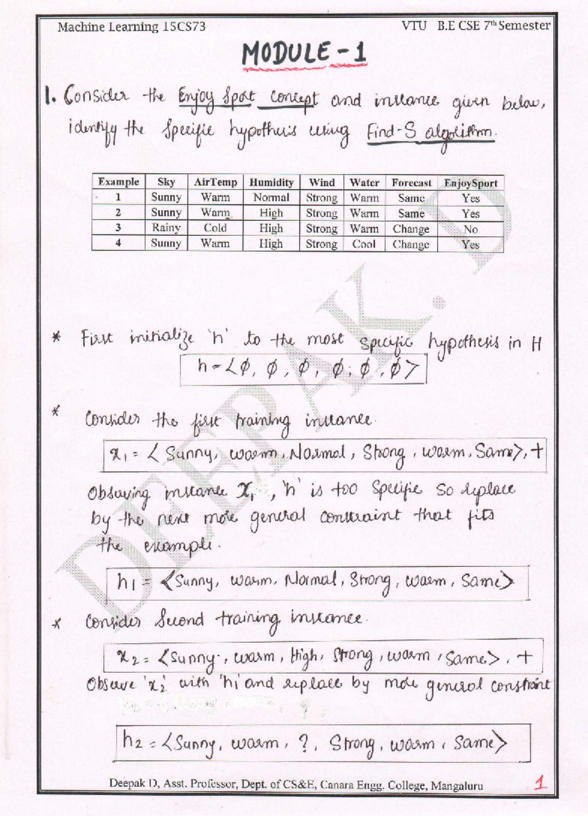 Machine Learning I 5CS73 Module 1 Problems & Notes - Studocu