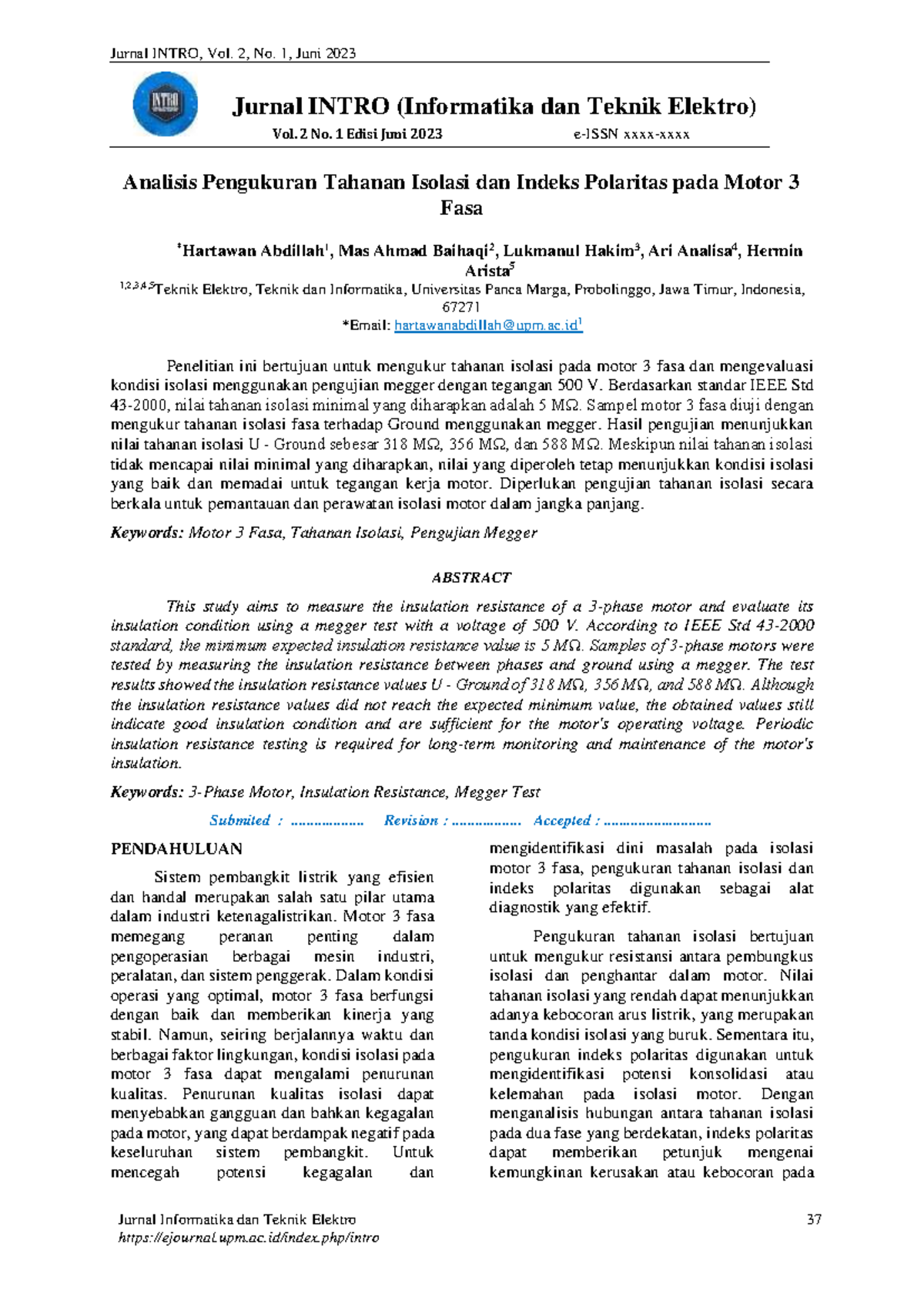 Analisis Tahanan Isolasi dan Indeks Polaritas Motor 3 Fasa - Jurnal ...