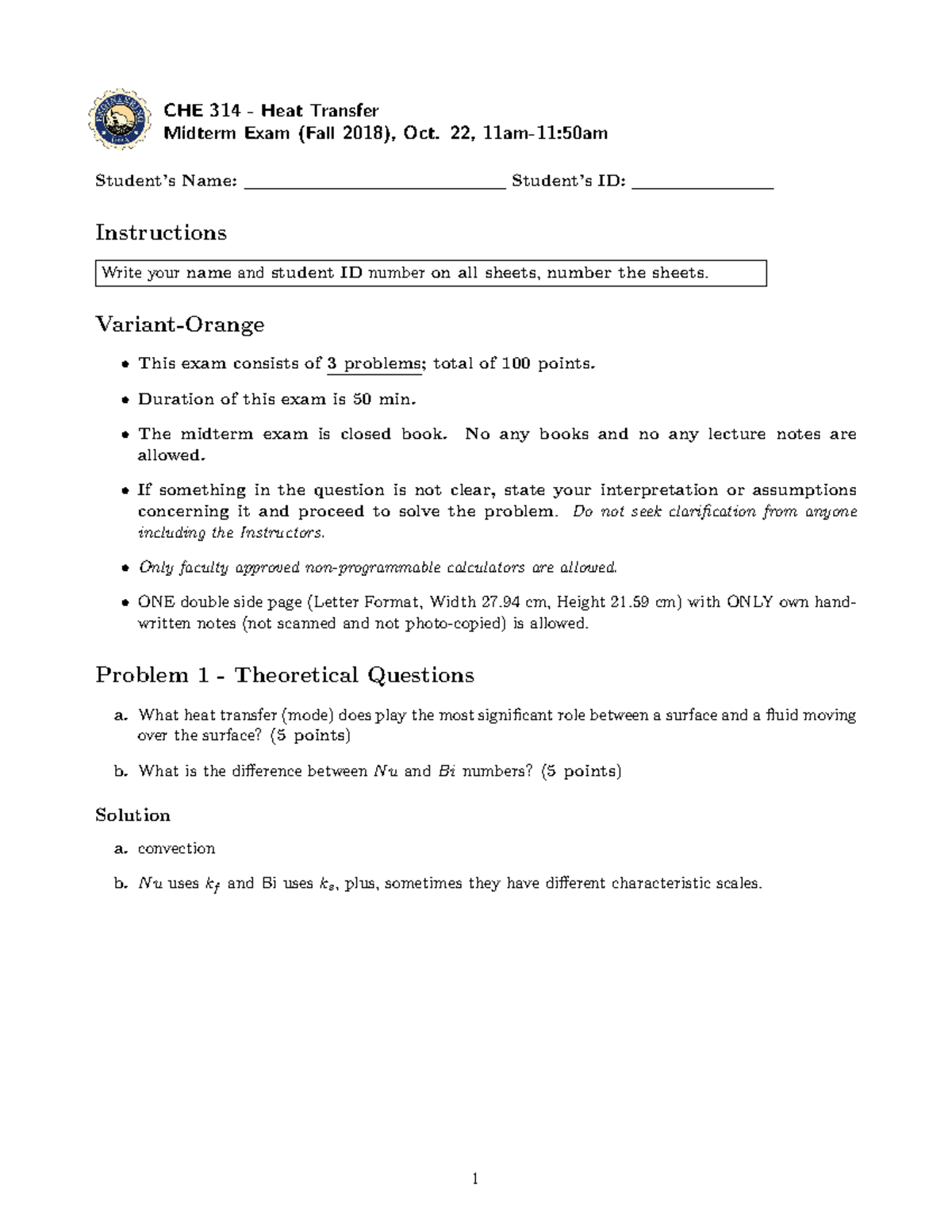 Orange solution - Peter Nikrityuk Heat Transfer Fall 2018 - CHE 314 ...