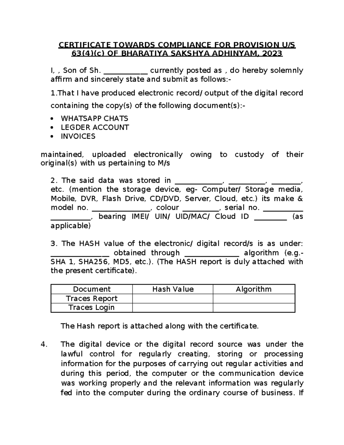 Certificate of Compliance for Provision 63(4)(c) of Bharatiya Sakshya ...