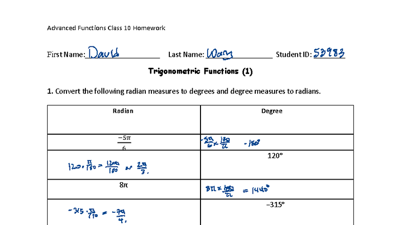 Advanced Functions Class 10 Homework: Trigonometric Functions - Studocu