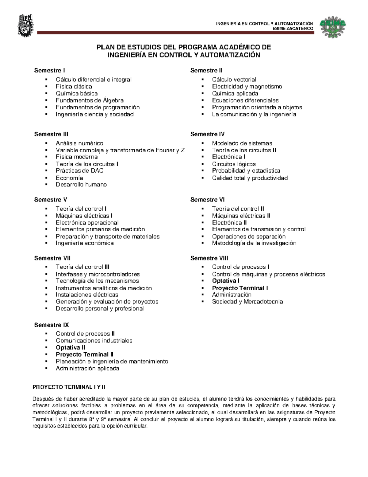 Plan de Estudios de Ingeniería en Control y Automatización (ICA) - Studocu