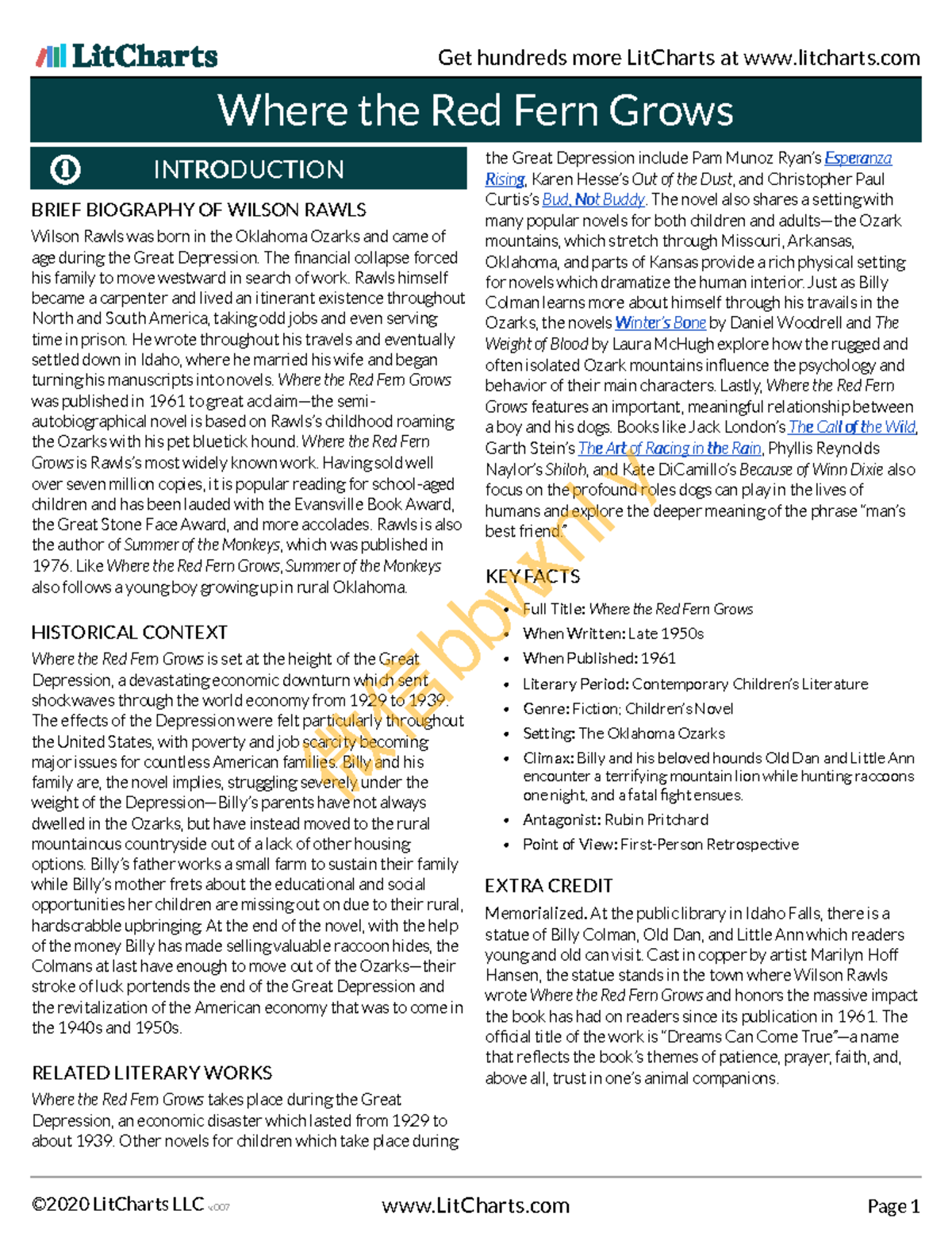 Where-the-Red-Fern-Grows-Lit Chart 1 - Where the Red Fern Grows BRIEF ...