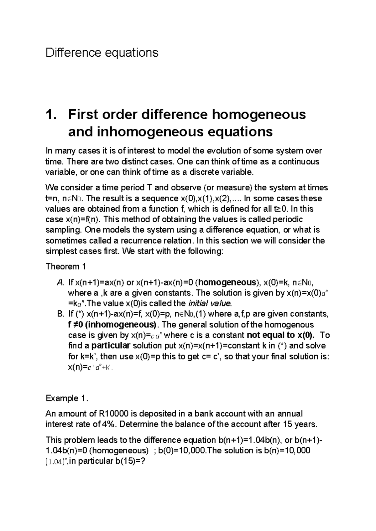 difference equations - First order difference homogeneous and ...