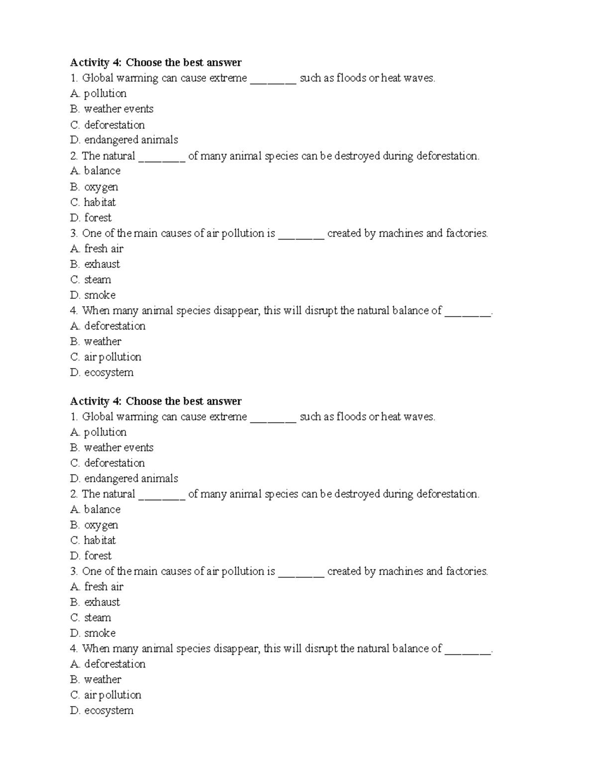 Activity 4: Quiz on Global Warming and Ecosystems - U9 L3L10 - Studocu