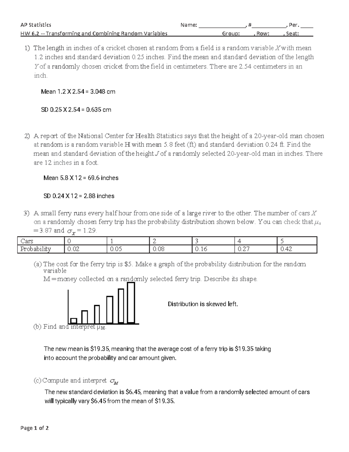 AP Statistics - HW 6.2: Transforming Random Variables - Day 1 - Studocu