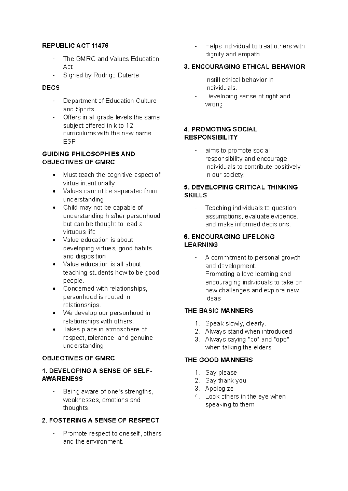 ESP Review Notes: Understanding GMRC Objectives and Teaching Values ...