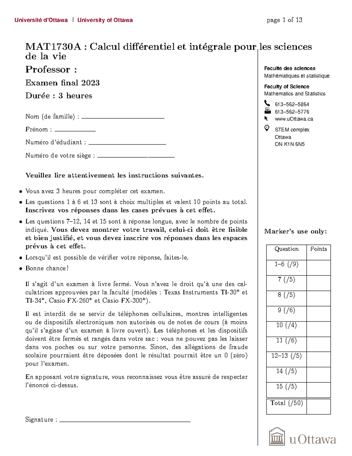 MAT1730 Examen final 2023 Solutions détaillées - Studocu
