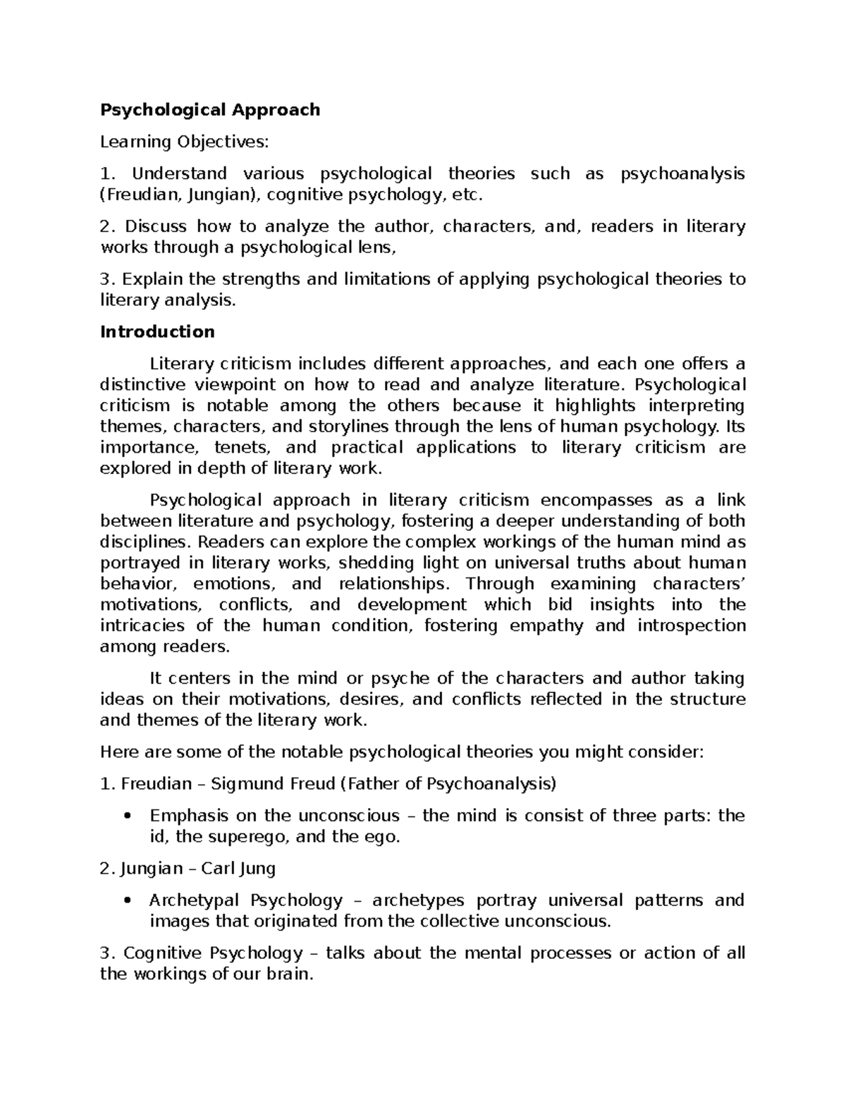 Psychological Approach to Literary Criticism ENG 201 065748 - Studocu