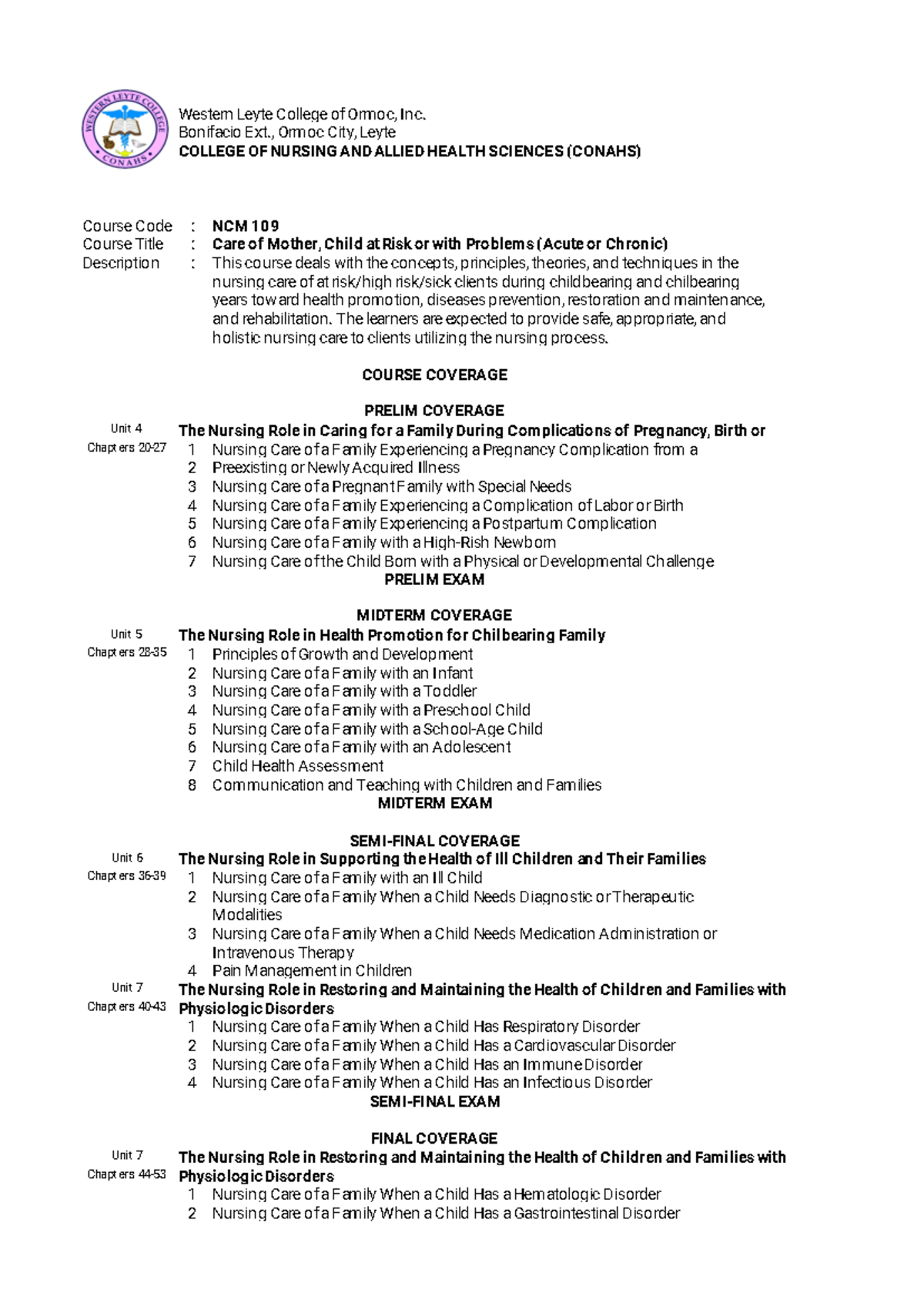 NCM 109 Course Outline: Care of Mother and Child at Risk or with ...