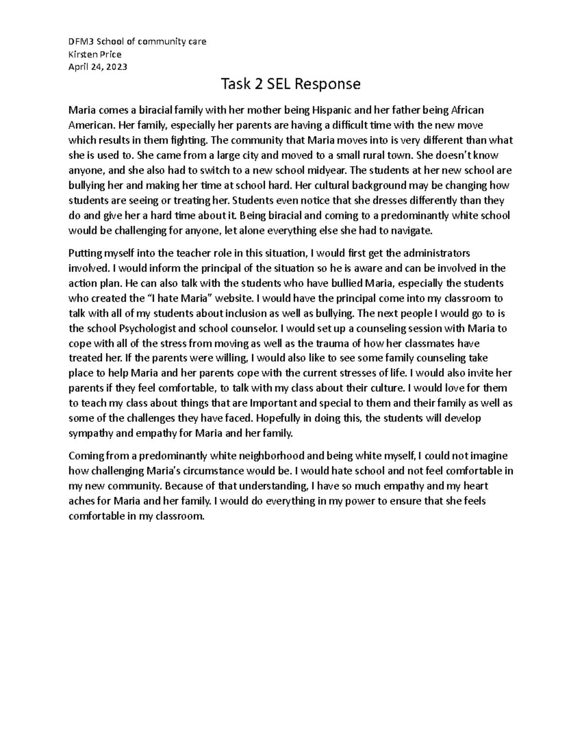 DFM3 Task 2 SEL Response - DFM3 School of community care Kirsten Price ...