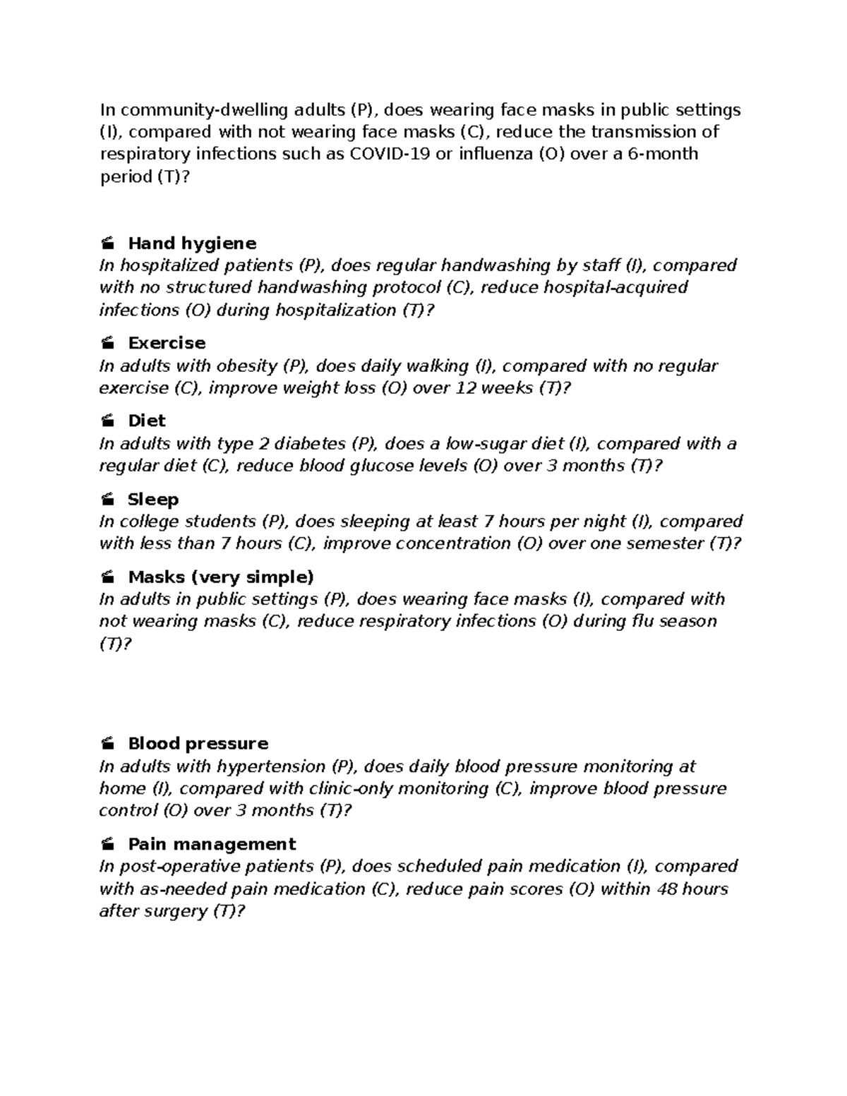 PICOT Questions Examples for Health Interventions - Studocu