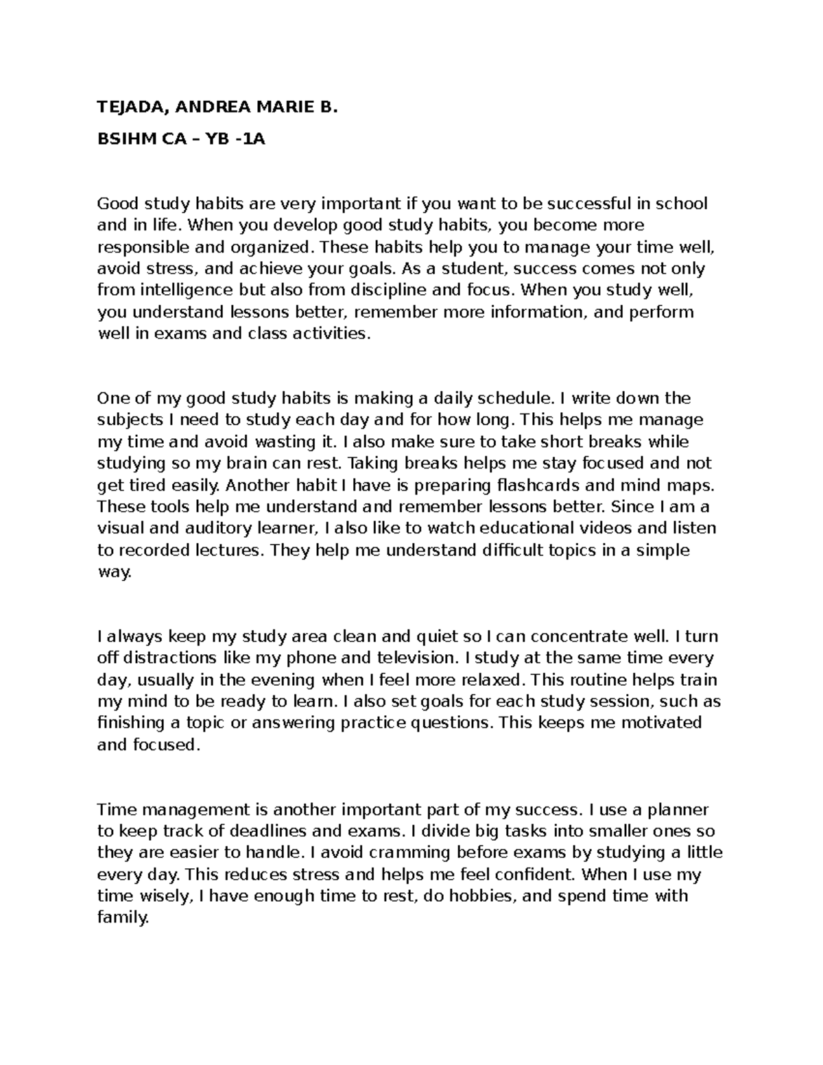 BSIHM CA YB: Effective Study Habits for Academic Success Essay - Studocu