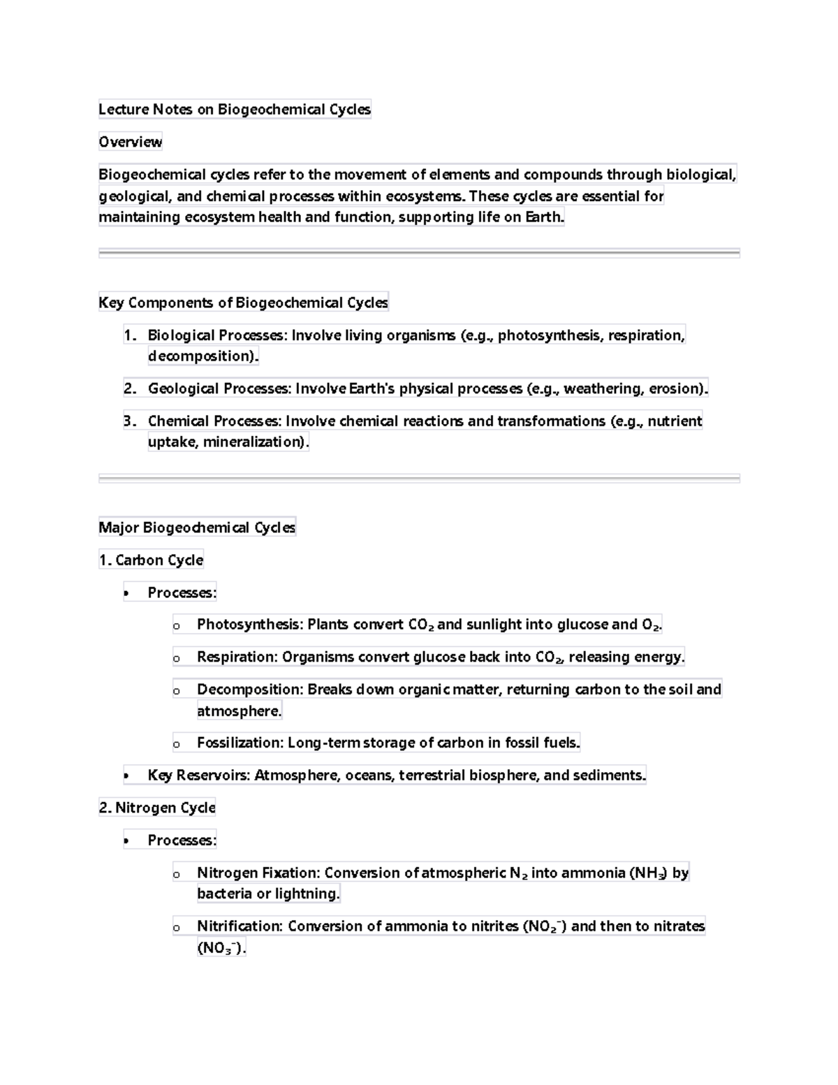 Lecture Notes on Biogeochemical Cycles Overview (BIO 101) - Studocu