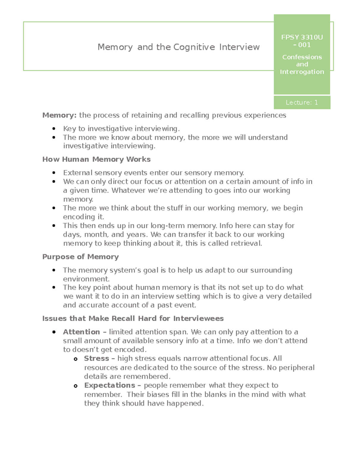2. Week 2 - Memory and the Cognitive Interview - Memory and the ...