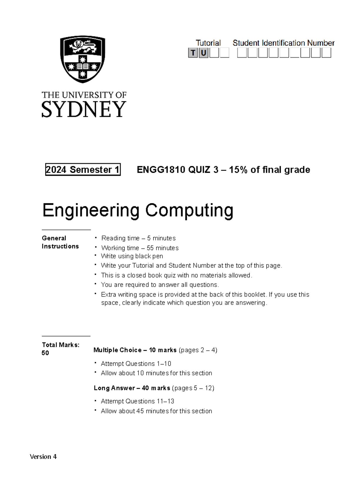 ENGG1810 Quiz 3 - Semester 1 2024 - Version 4 Summary - Studocu