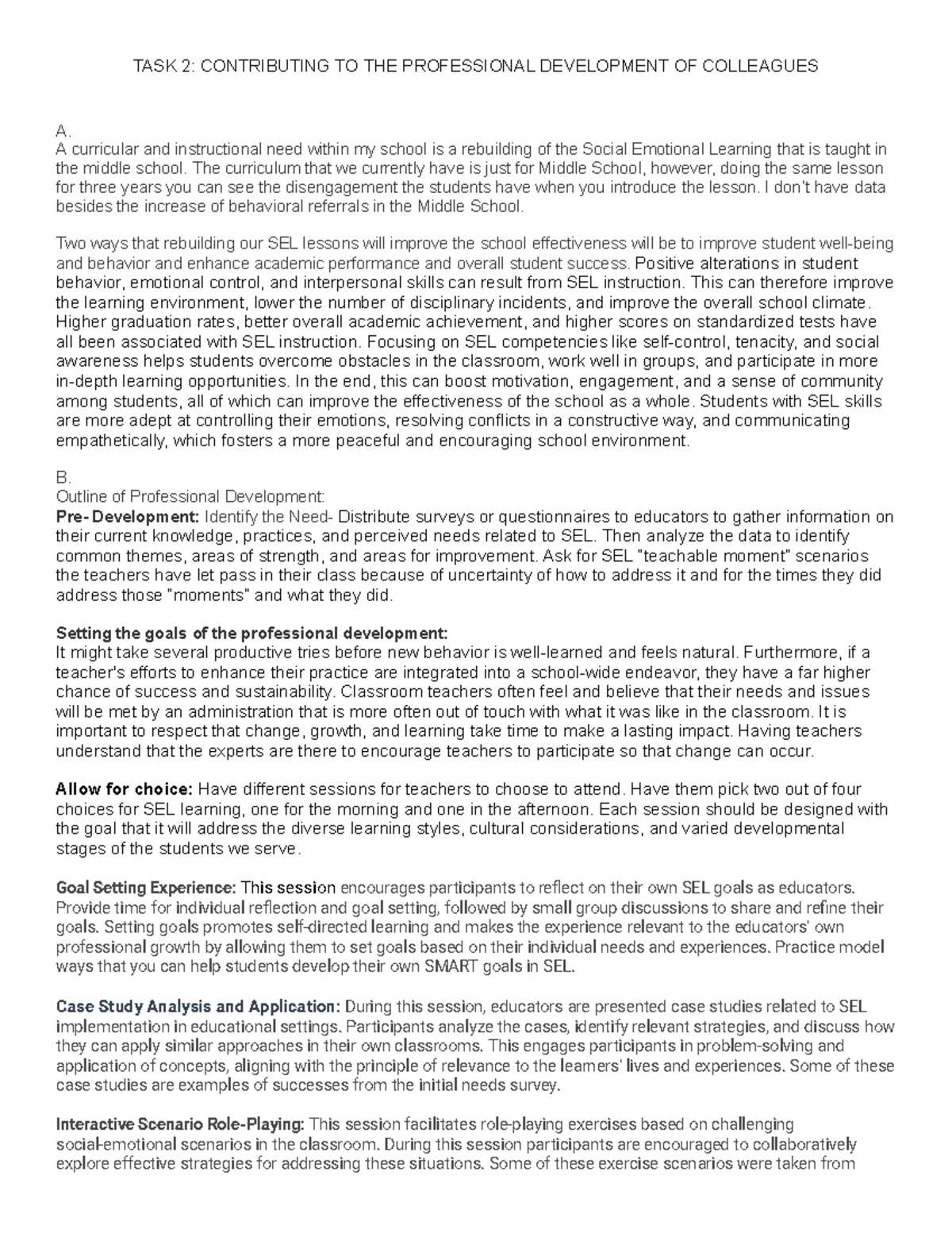 TASK 2: Enhancing Colleagues' Professional Development in SEL - Studocu