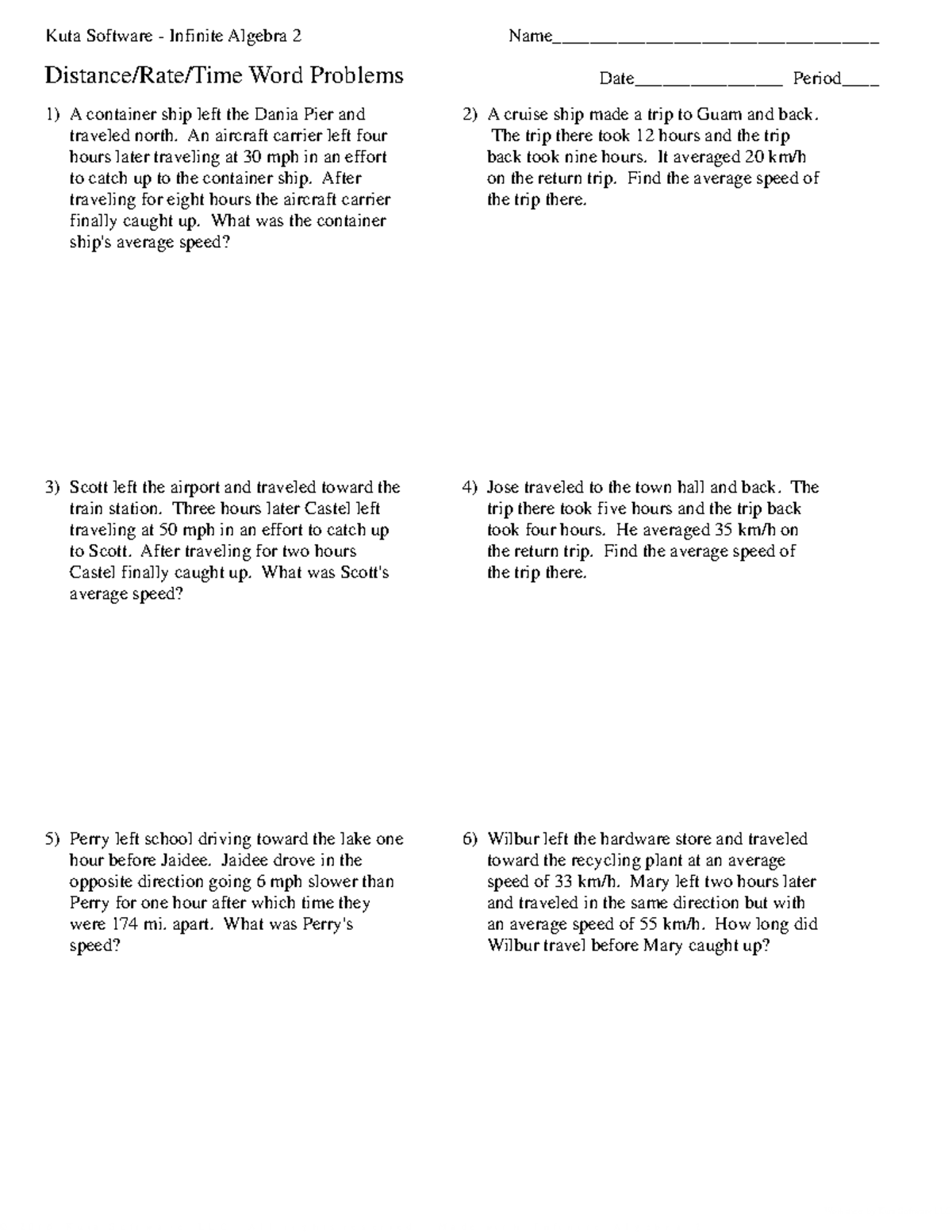 Distance/Rate/Time Word Problems Worksheet (Algebra II) - Studocu