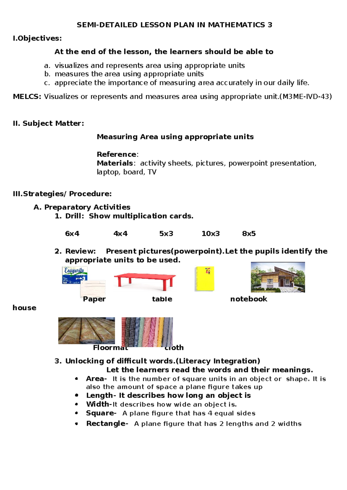 Grade 3 Math Lesson Plan: Measuring Area (M3ME-IVD-43) - Studocu