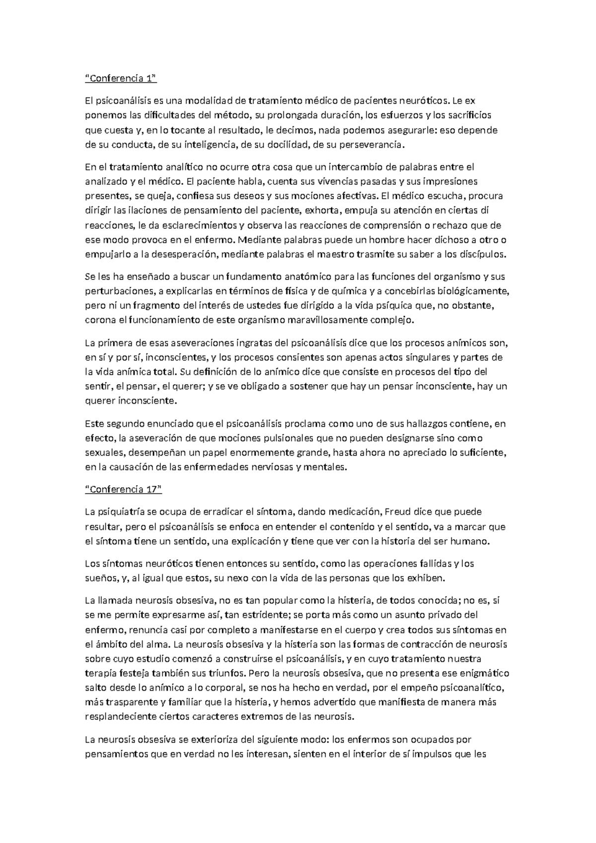 Conferencias sobre Psicoanálisis y Neurosis Obsesiva - Studocu