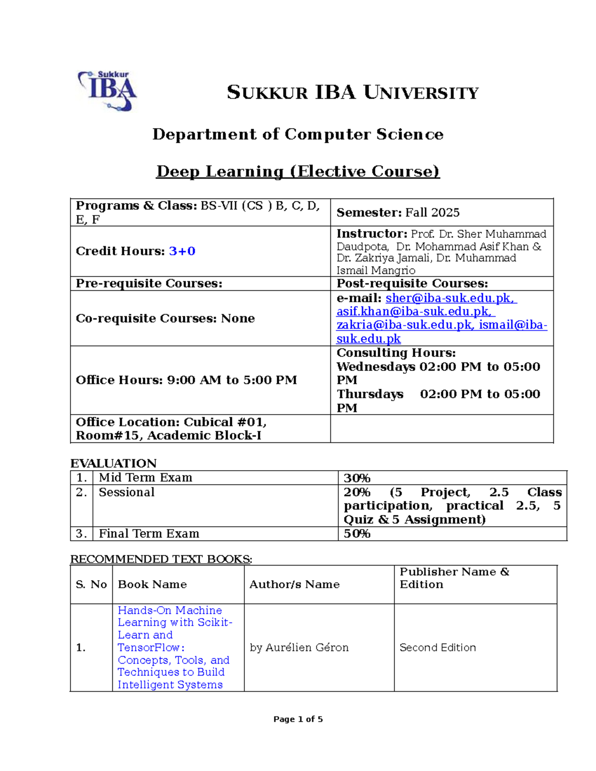 OBE-Based Deep Learning Course Outline (CS Elective) - Fall 2025 - Studocu