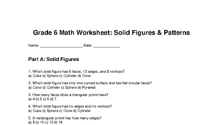 Grade 6 Math Worksheet: Solid Figures & Patterns - Studocu