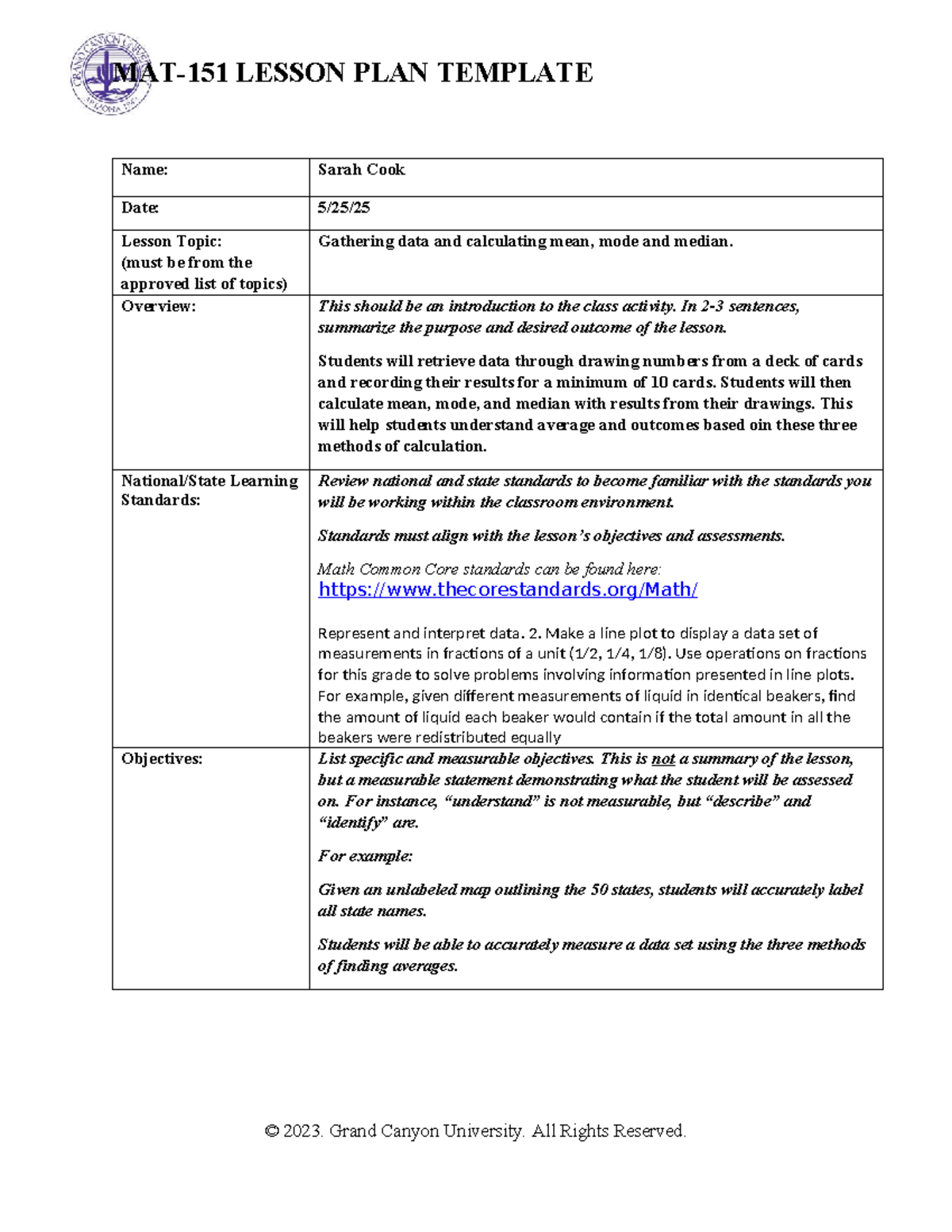 MAT 151 Lesson Plan: Data Analysis with Mean, Mode, and Median - Studocu