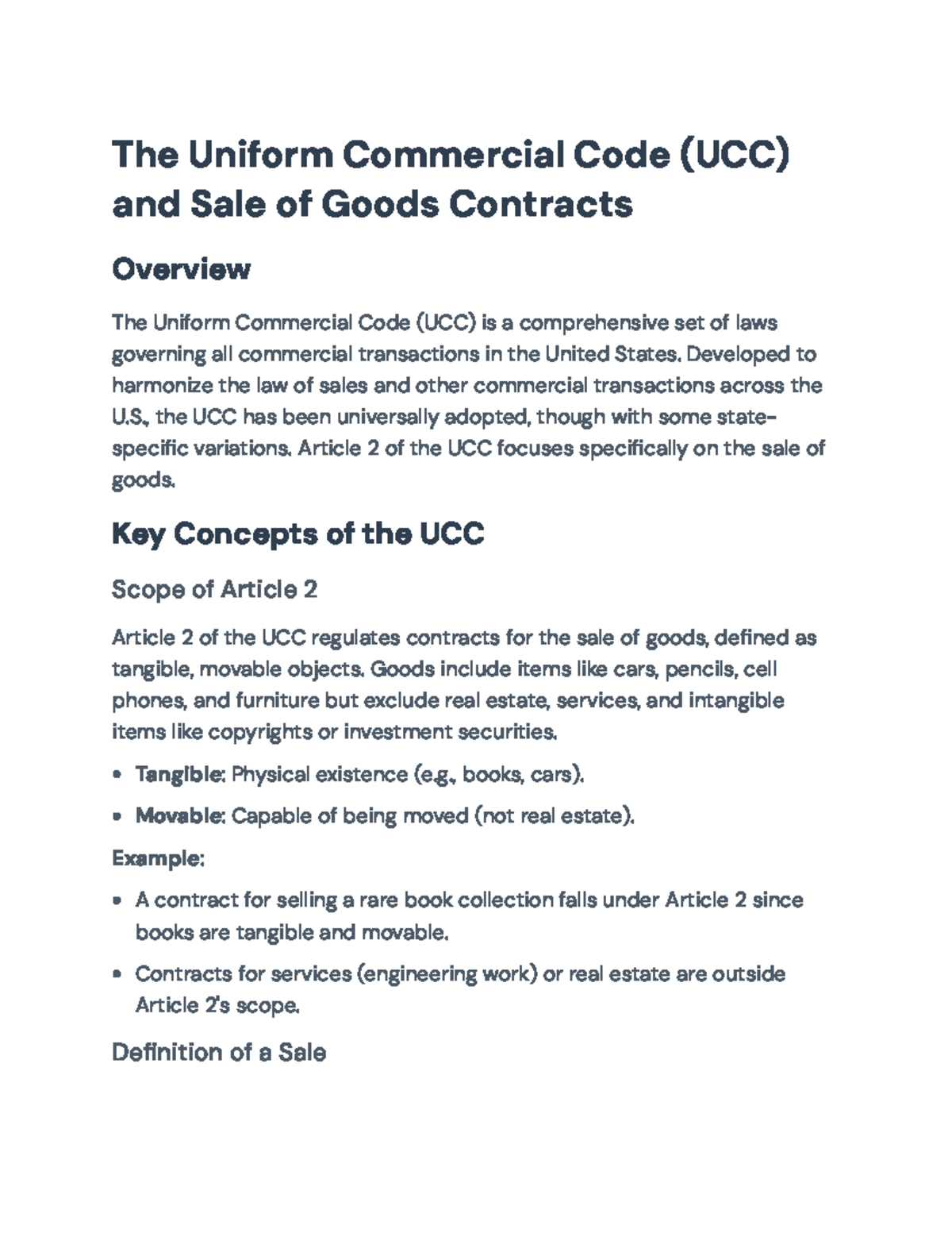 UCC Article 2: Essentials of Sales Contracts and Core Principles - Studocu