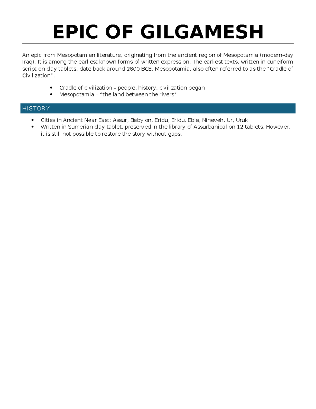 Epic of Gilgamesh - the history and description - EPIC OF GILGAMESH An ...