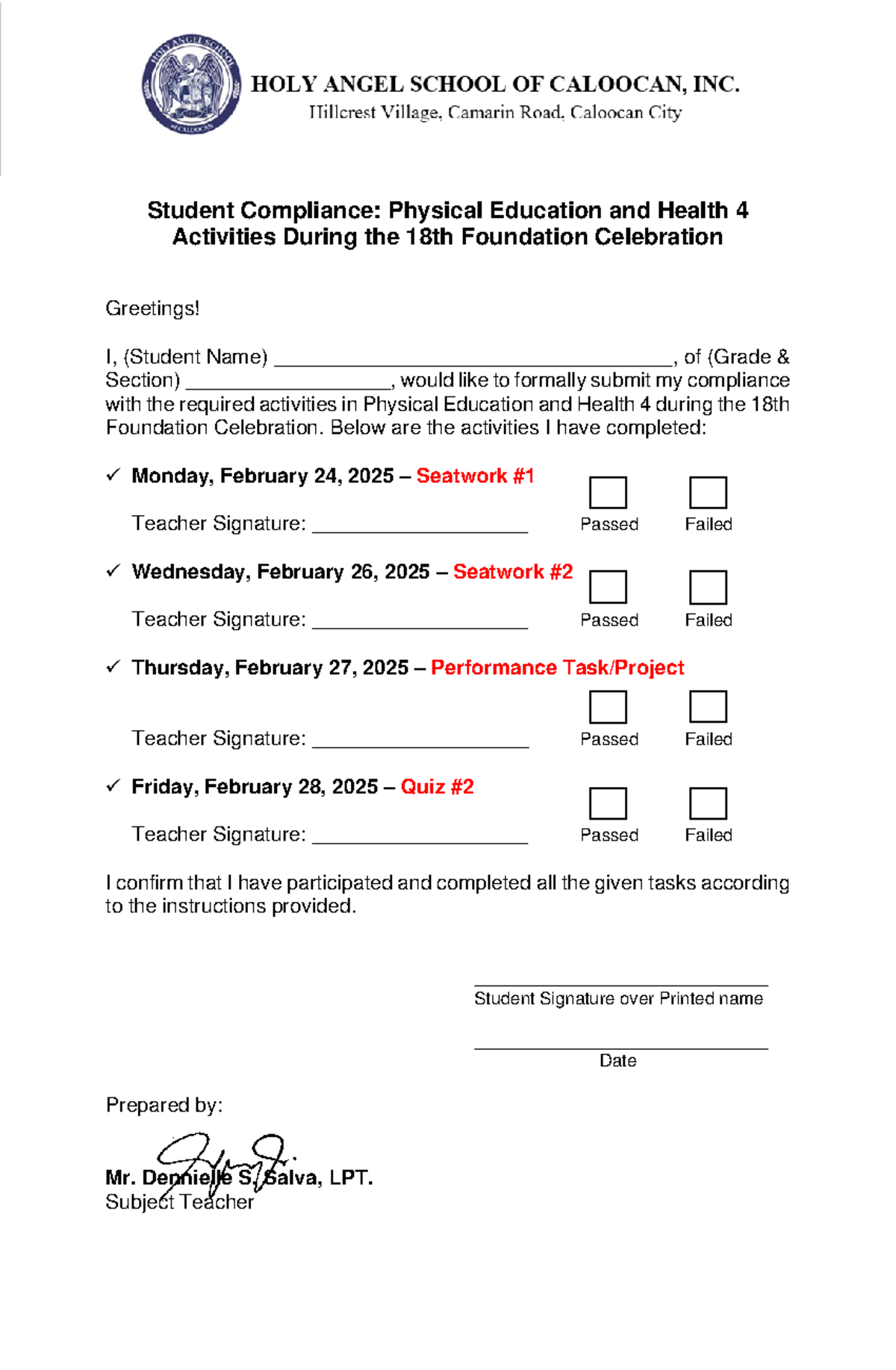 Student Compliance with PEH 4 Activities during Foundation Day ...