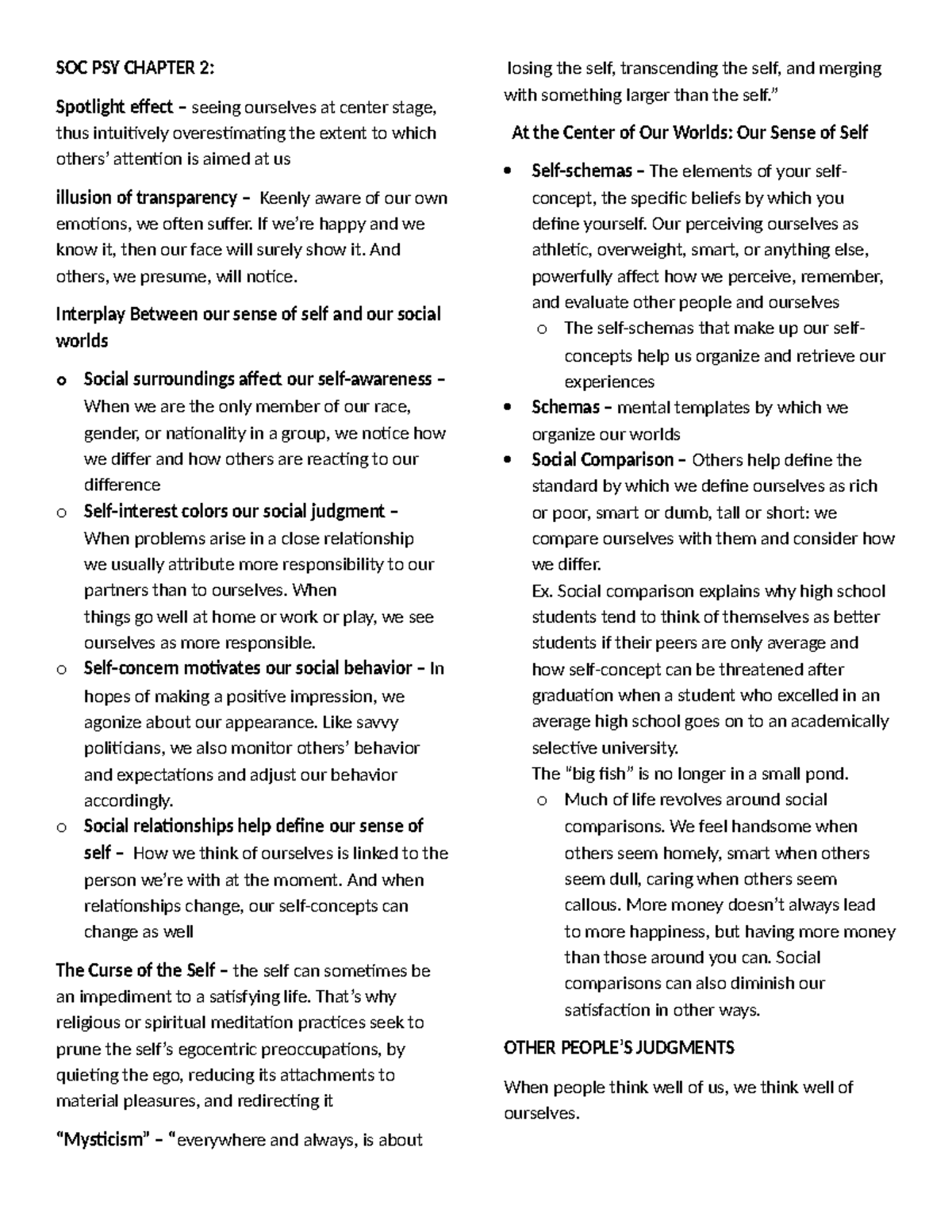 SOC PSY CHAPTER 2: The Spotlight Effect and Our Sense of Self - Studocu