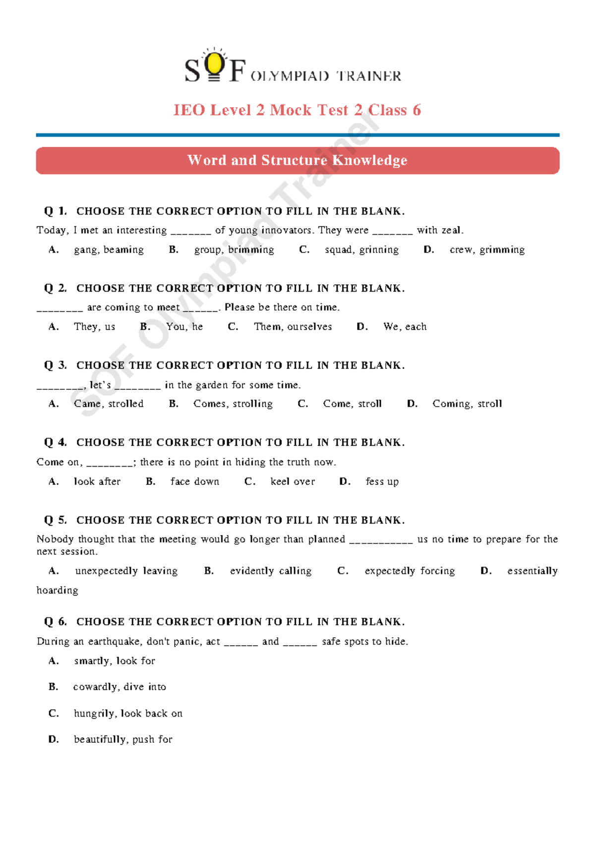 IEO Level 2 Mock Test 2 Class 6 - Word and Structure Knowledge Answers ...