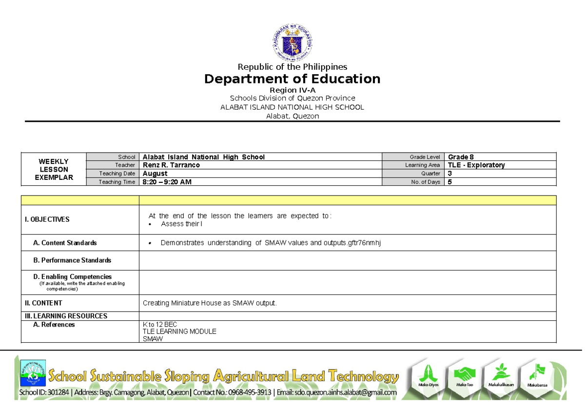 Lesson Exemplar for TLE Grade 8 - SY 2022-2023 - Studocu
