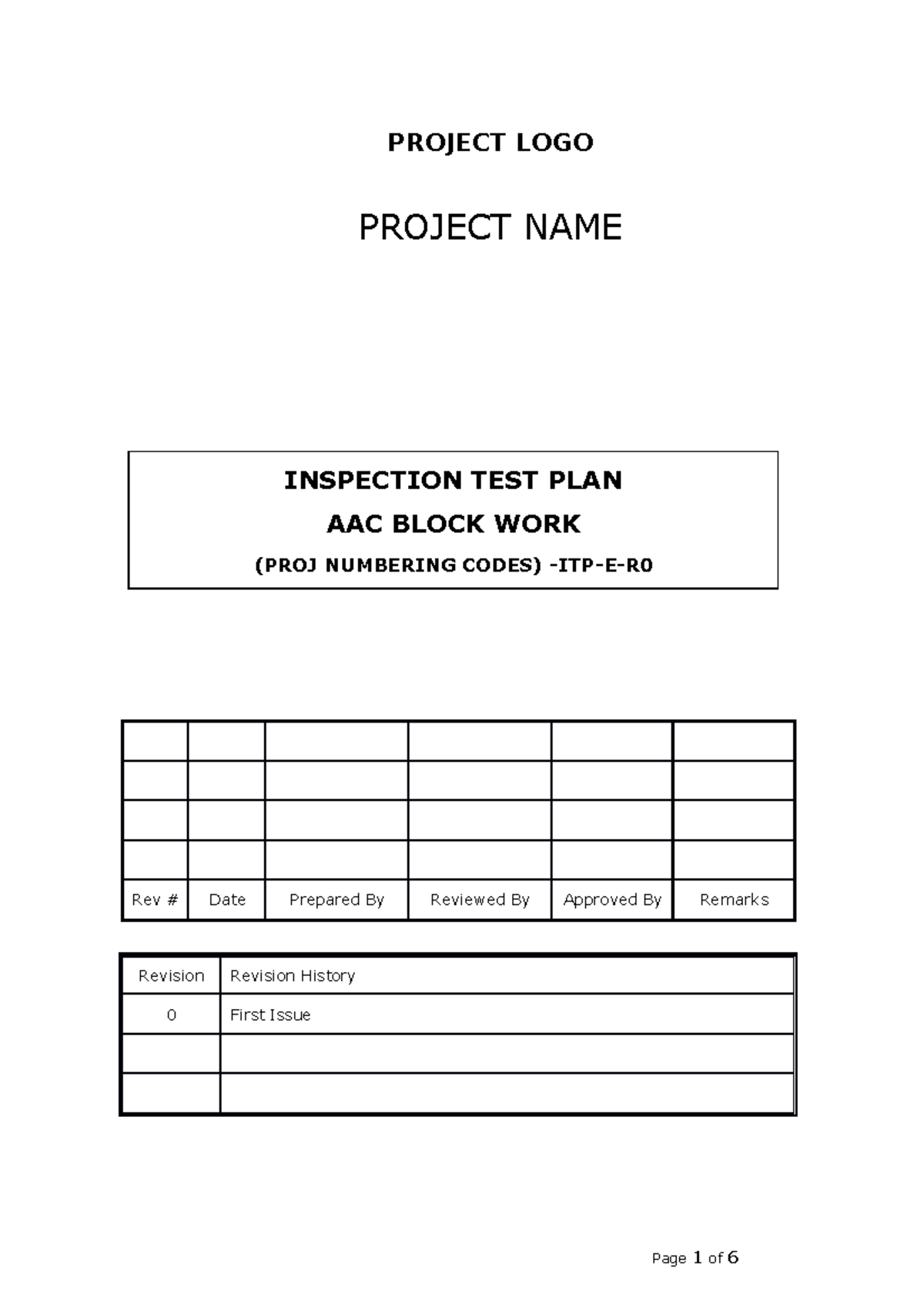 ITP-E-R: Inspection Test Plan for AAC Block Work - Project Log - Studocu