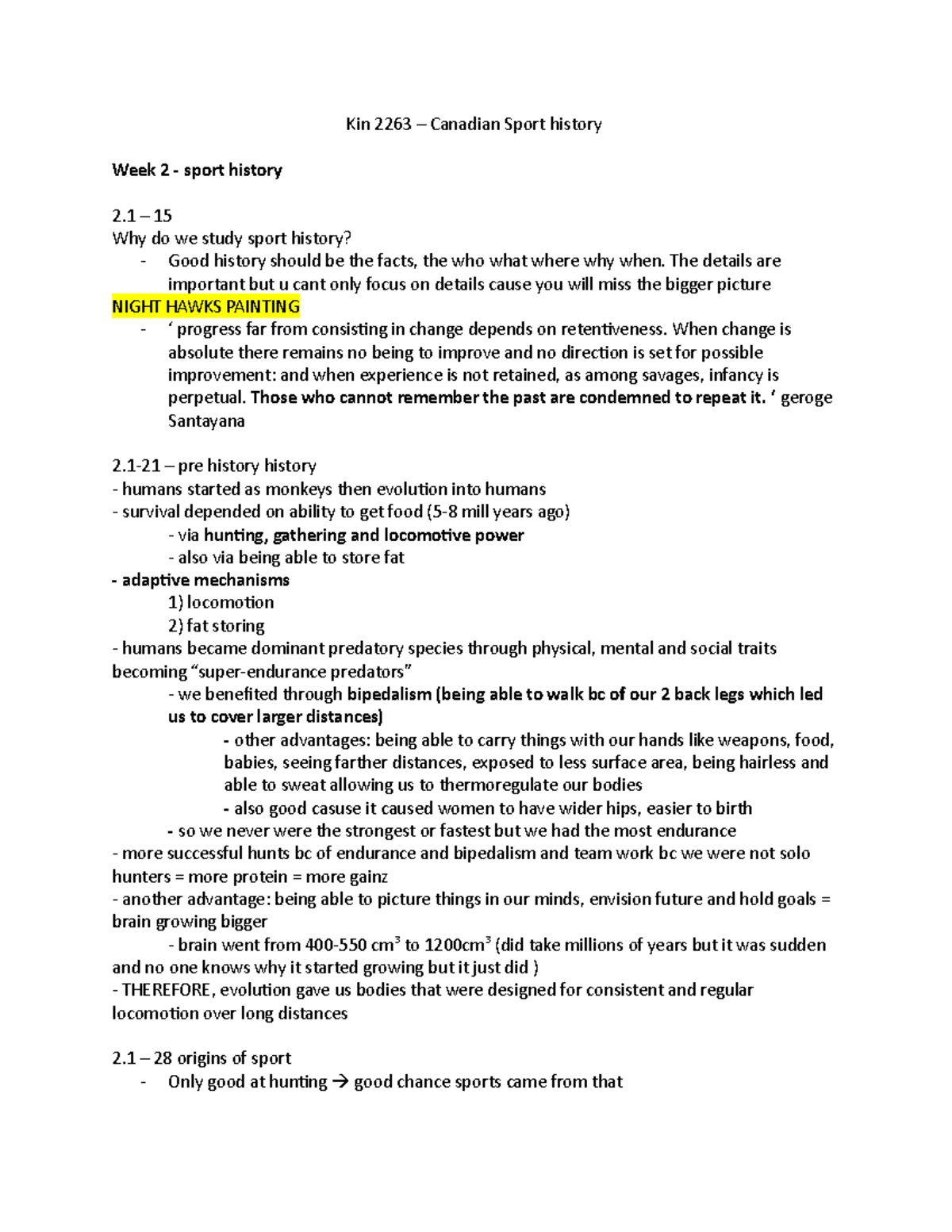 Sport history weekly lecture notes - Kin 2263 – Canadian Sport history ...