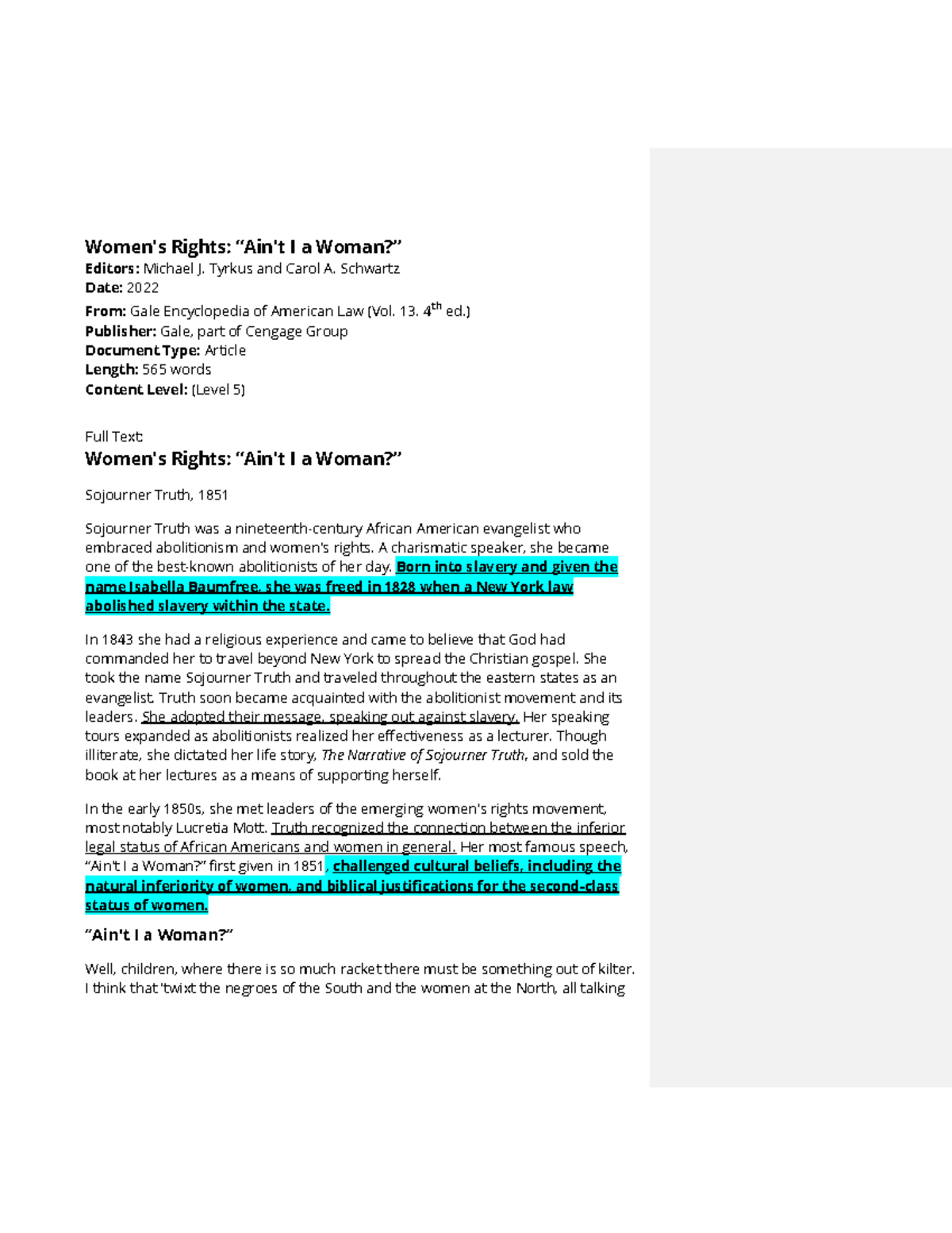 Women's Rights: Sojourner Truth's "Ain't I a Woman?" Analysis - Studocu