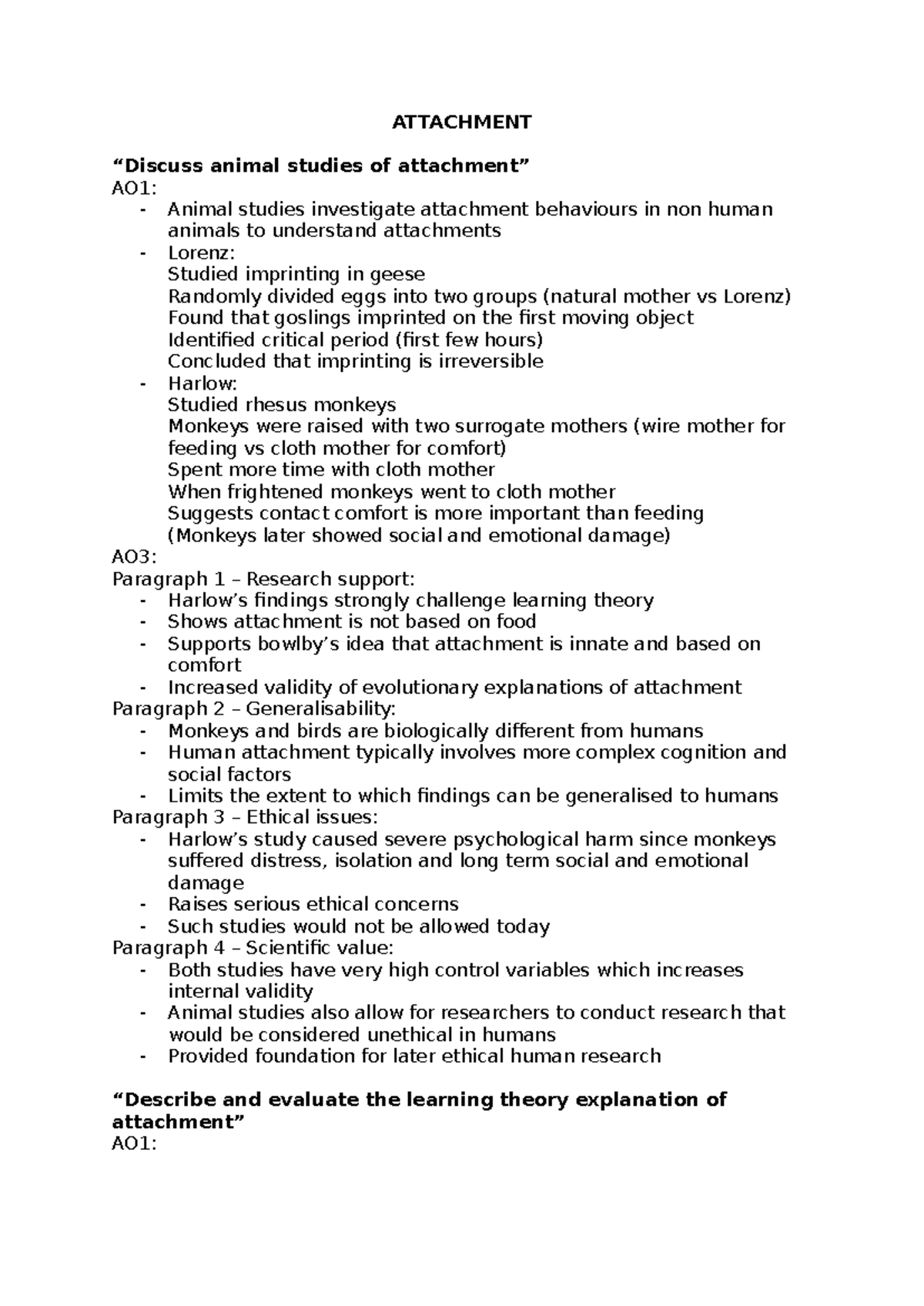 Attachment Studies: Animal Research & Learning Theory (16 MARK Q) - Studocu