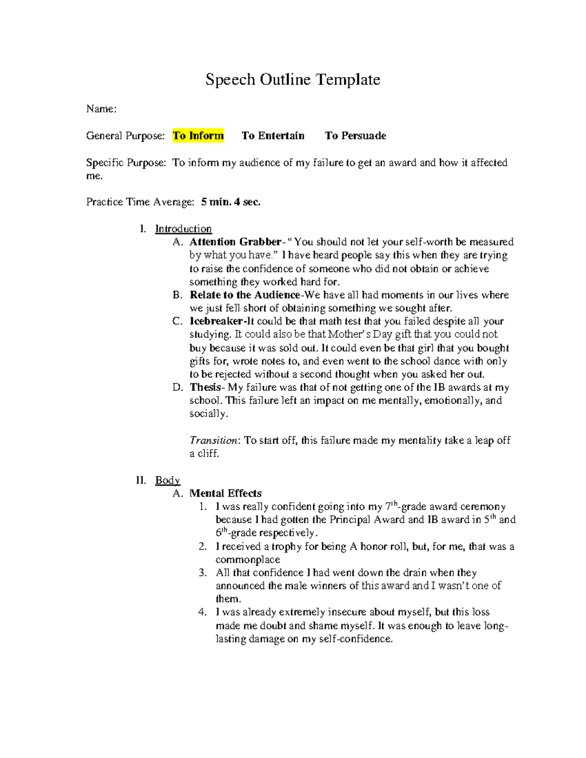 Failure Speech Outline: Impact of Not Winning an Award - Studocu
