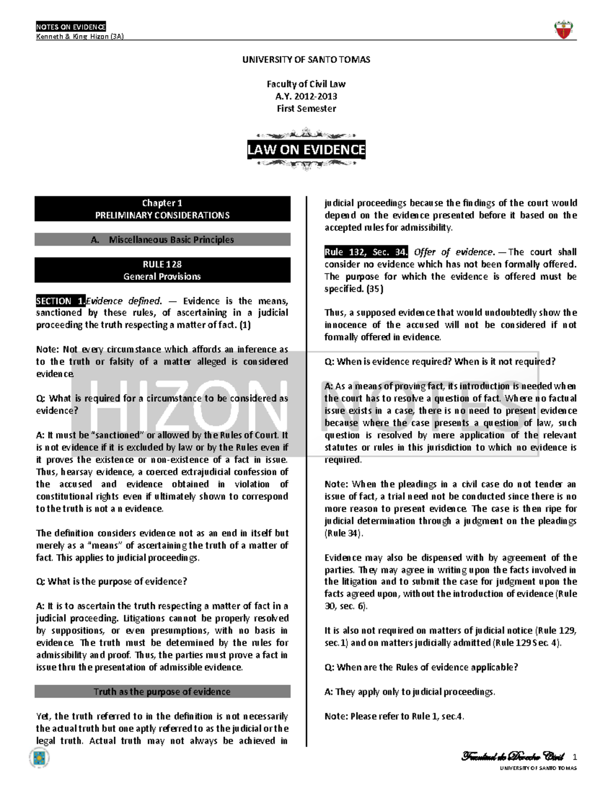 Law on Evidence Notes (LAW 101) - Quick Reference Guide 2021 - Studocu