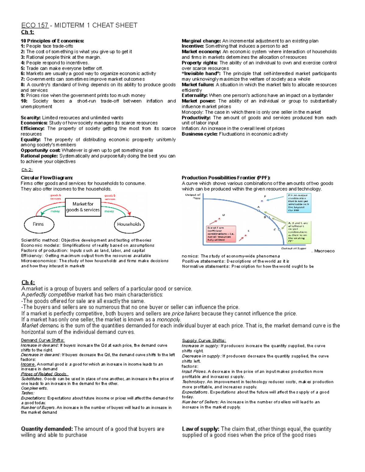 Econ Midterm 1 Cheat Sheet - ECO 157 - MIDTERM 1 CHEAT SHEET Ch 1: 10 Principles of Economics: 1 ...
