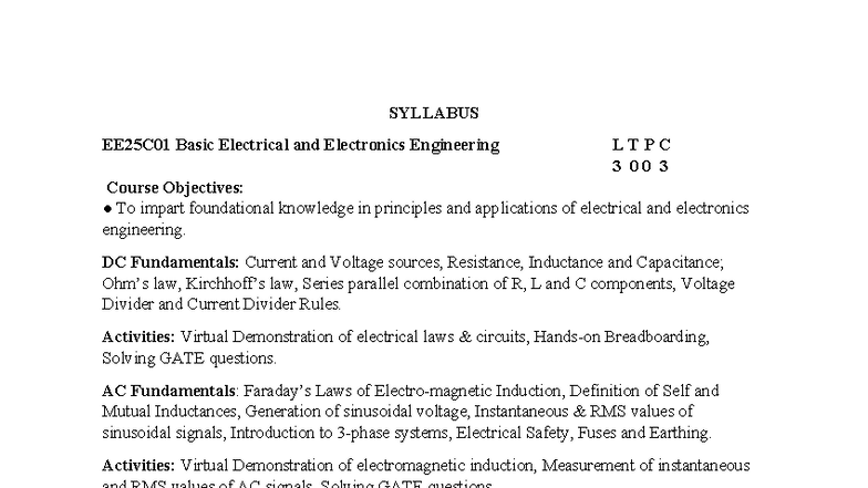 SYLLABUS EE25C01 Basic Electrical & Electronics Engg Overview - Studocu