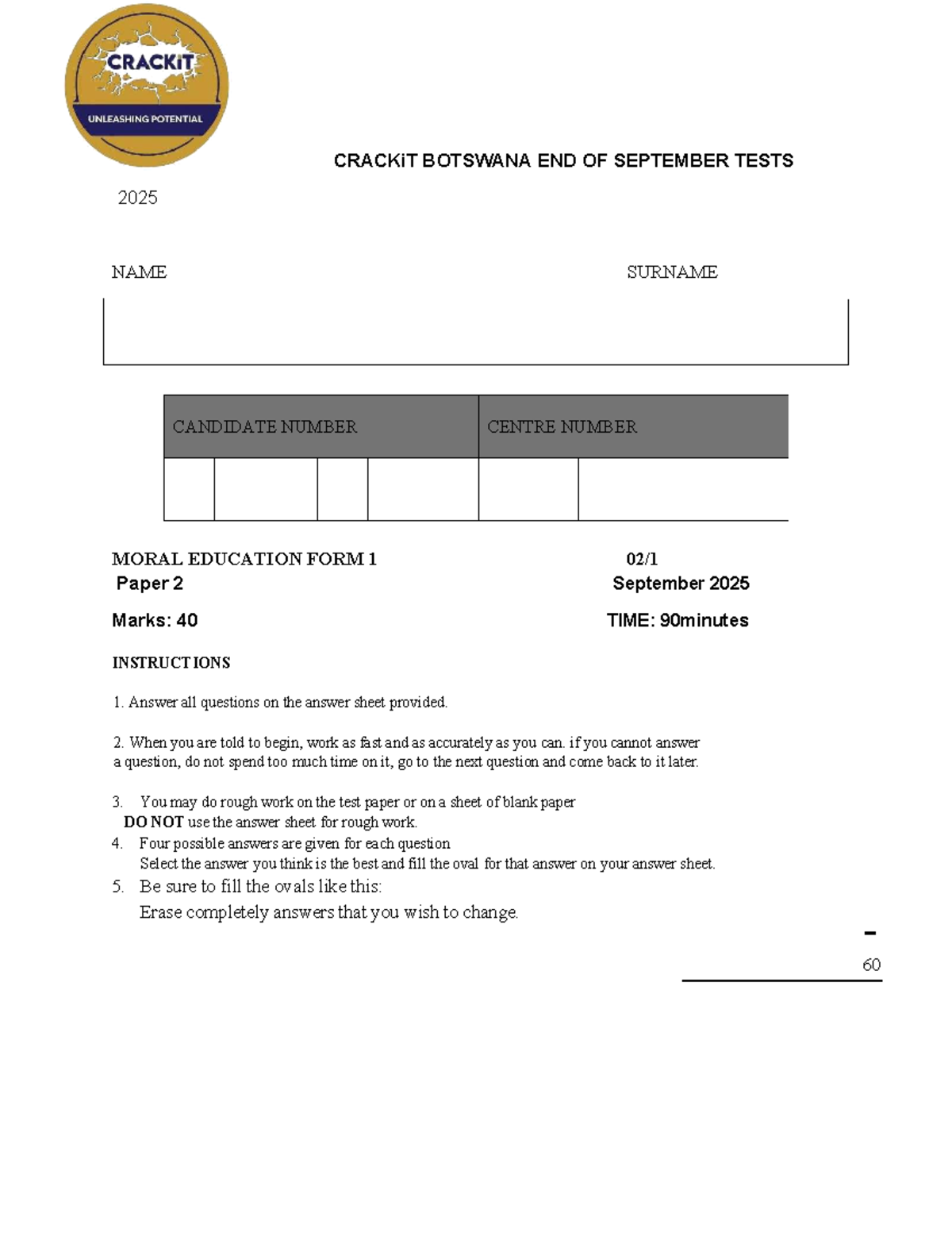Moral Education Form 1 Test - September 2025 - Studocu