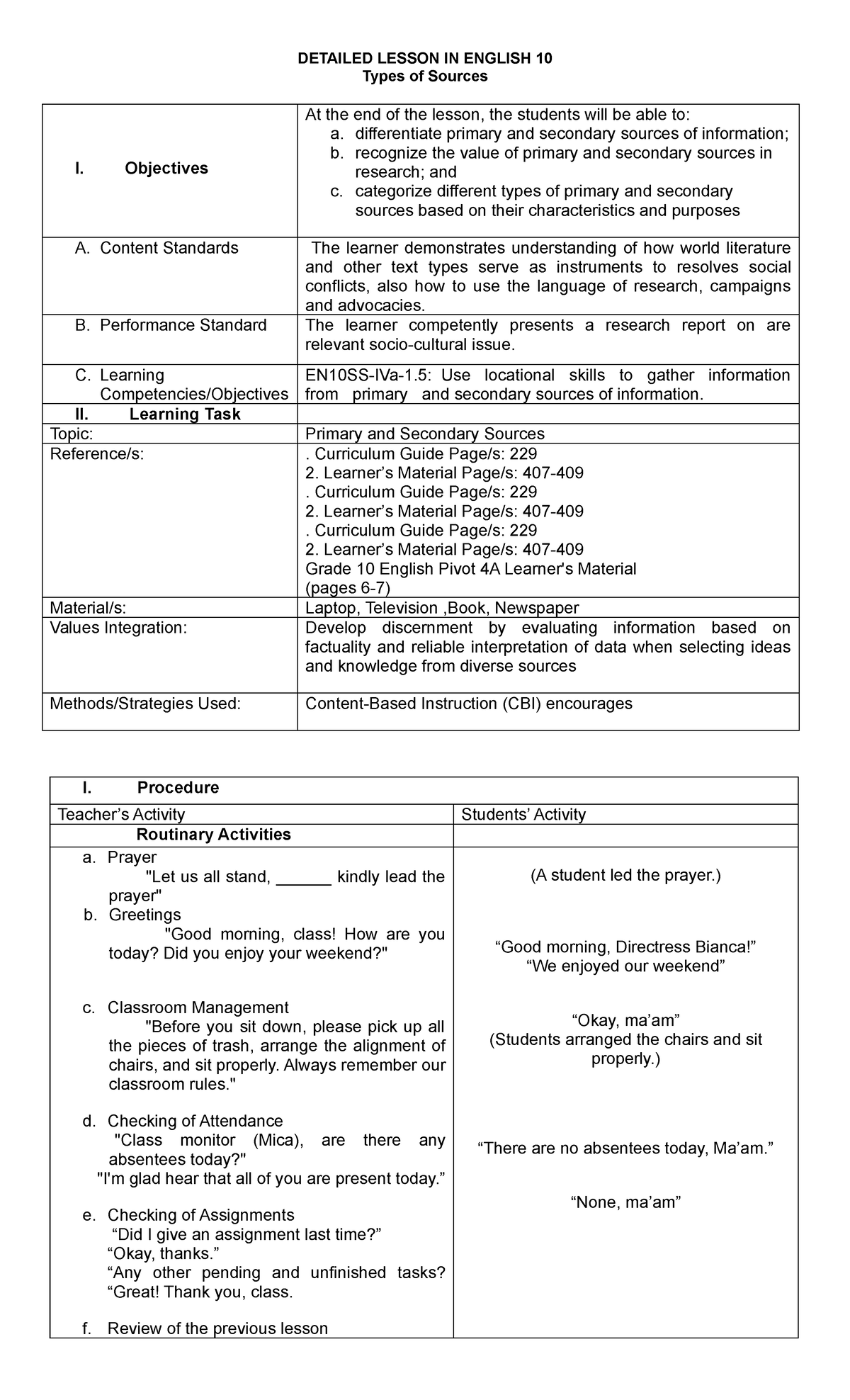 Demo-22 - DETAILED LESSON PLAN FOR GRADE 10 - Types of Sources I ...